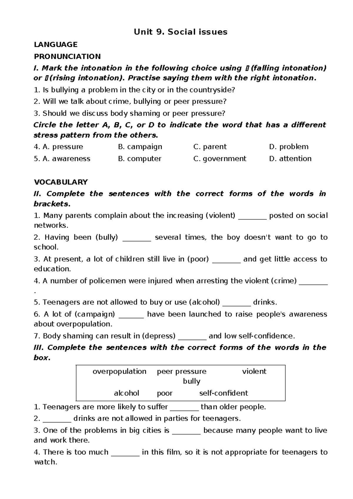 Unit 9: Social Issues - Pronunciation and Vocabulary Practice - Studocu