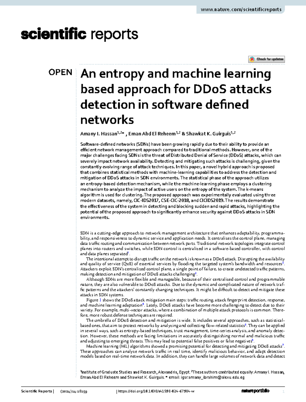 Entropy and ML Techniques for DDoS Attack Detection in SDN - Studocu