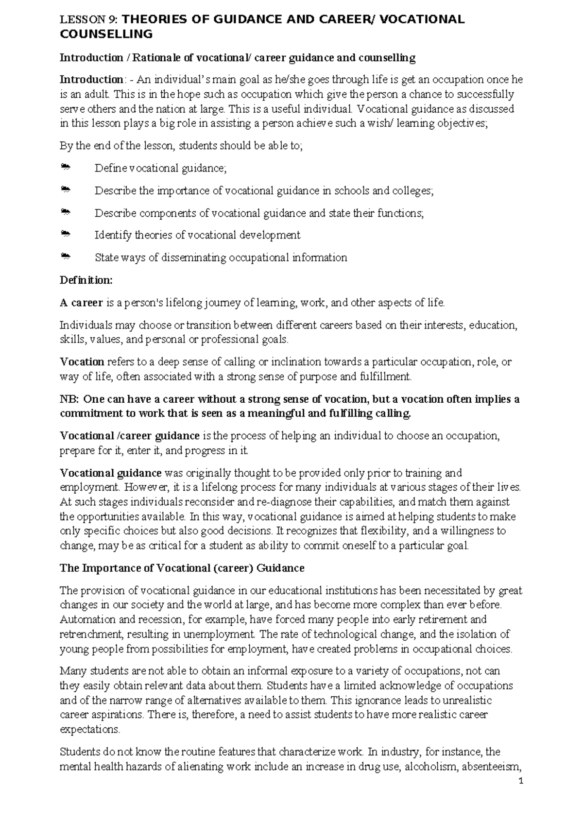 Lesson 9: Theories of Guidance and Career Counseling (Uttg) - Studocu