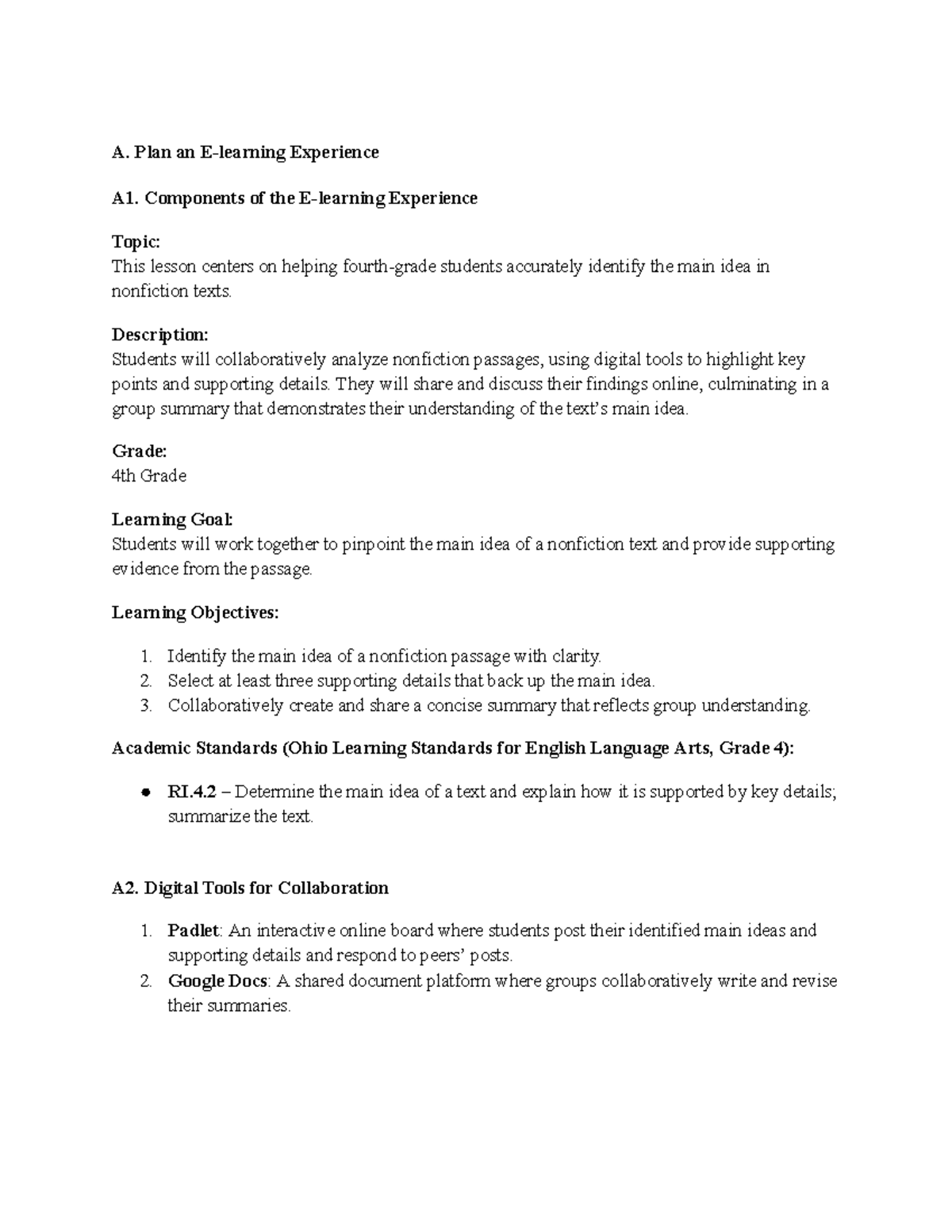 D295 Lesson Plan: Identifying Main Ideas in Nonfiction Texts - Studocu