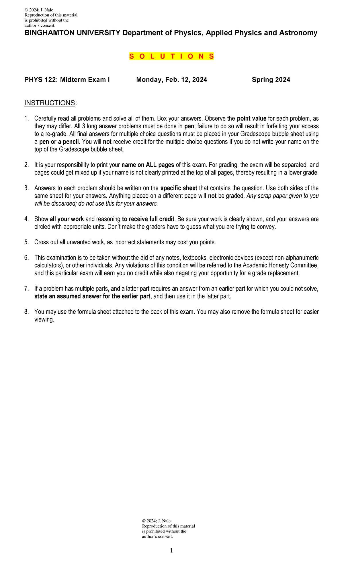 Physics 2 test 1 - © 2024; J. Nale Reproduction of this material is ...