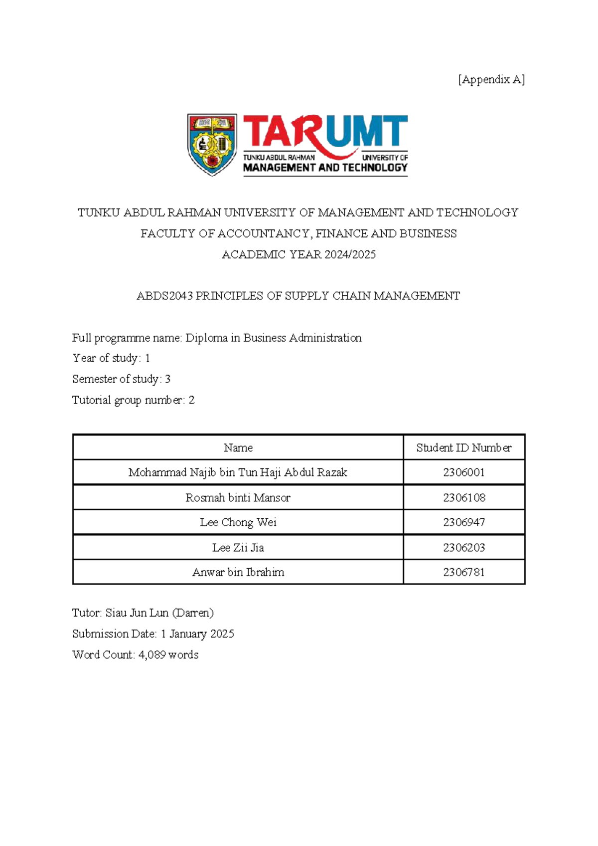 Assignment Format Sample + Citation & Reference Format Sample - [Appendix A] TUNKU ABDUL RAHMAN ...