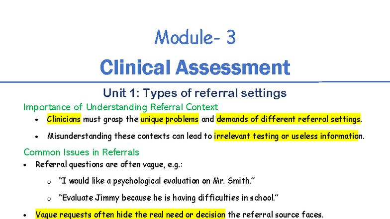 3 Clinical Psychology Assessment Unit 1: Understanding Referral ...