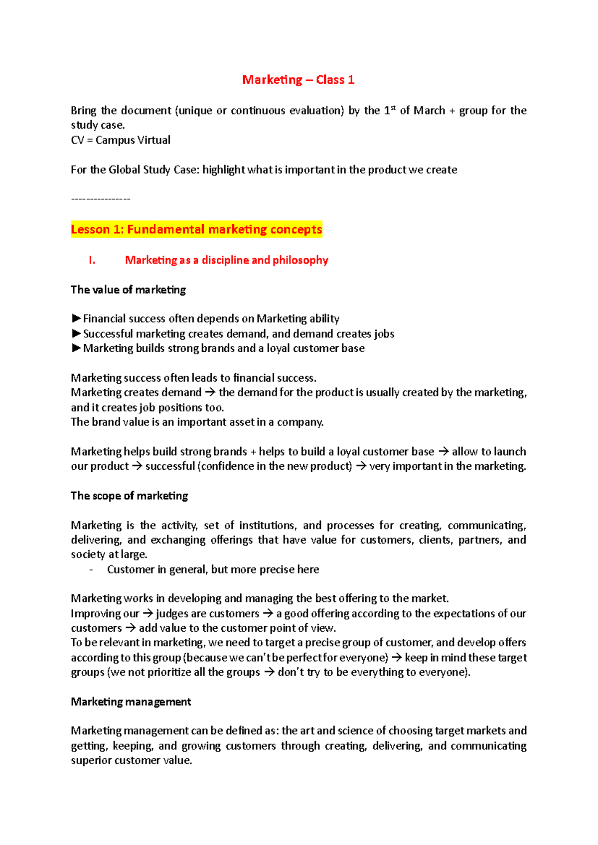 Marketing Fundamentals - Class 1 (MKT101) Lecture Notes - Studocu