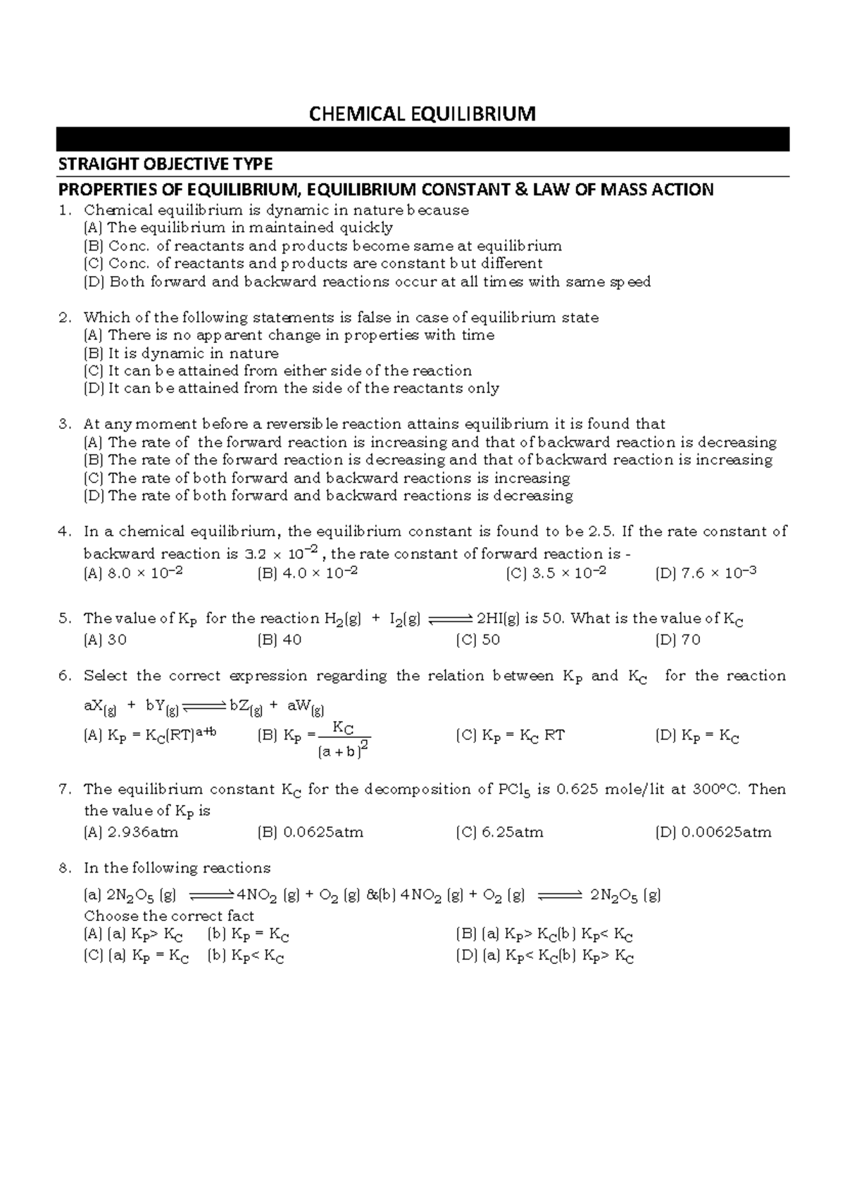 Chemical Equilibrium Quiz Notes CHEM 251019 - Studocu