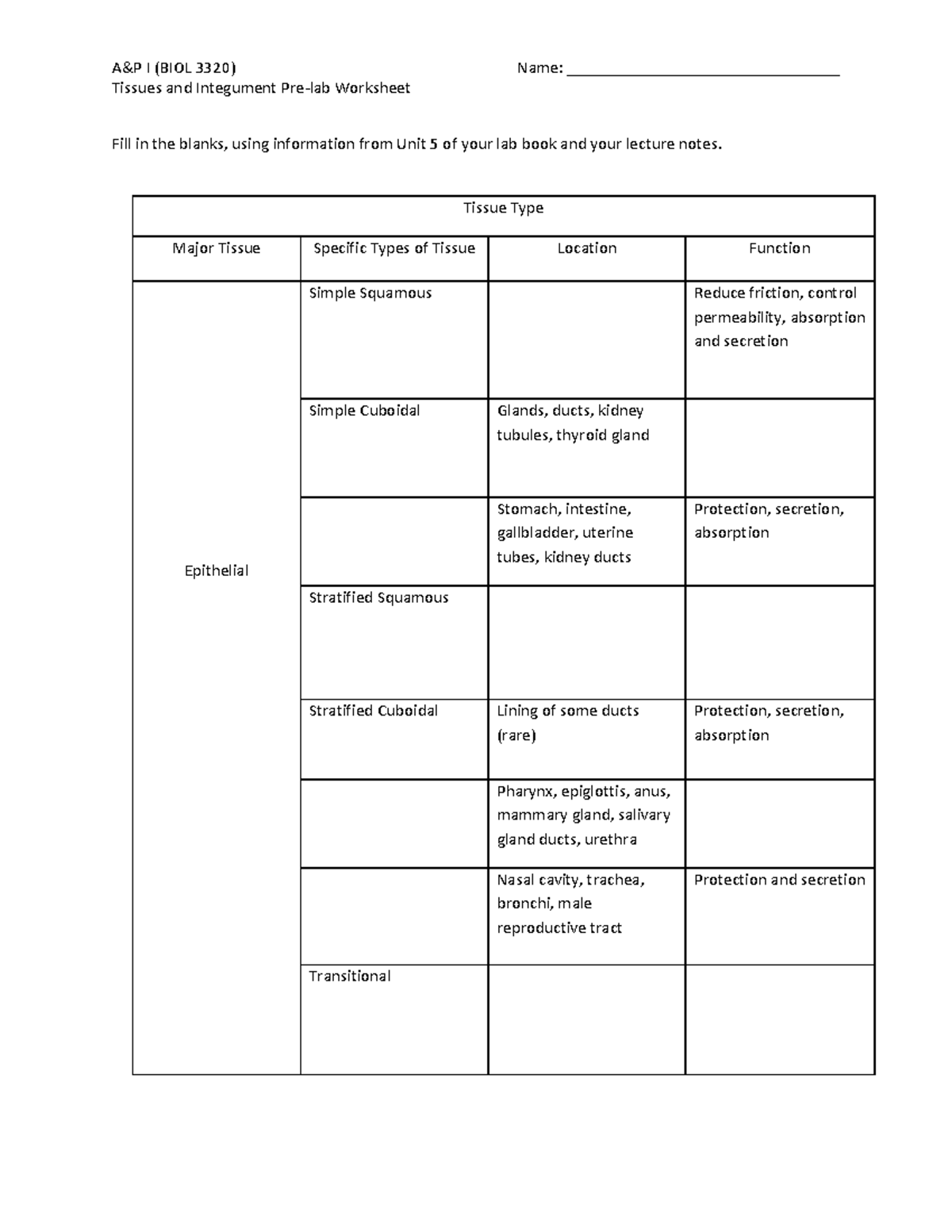 BIOL 3320 Tissues and Integument Worksheet: Fill in the Blanks - Studocu