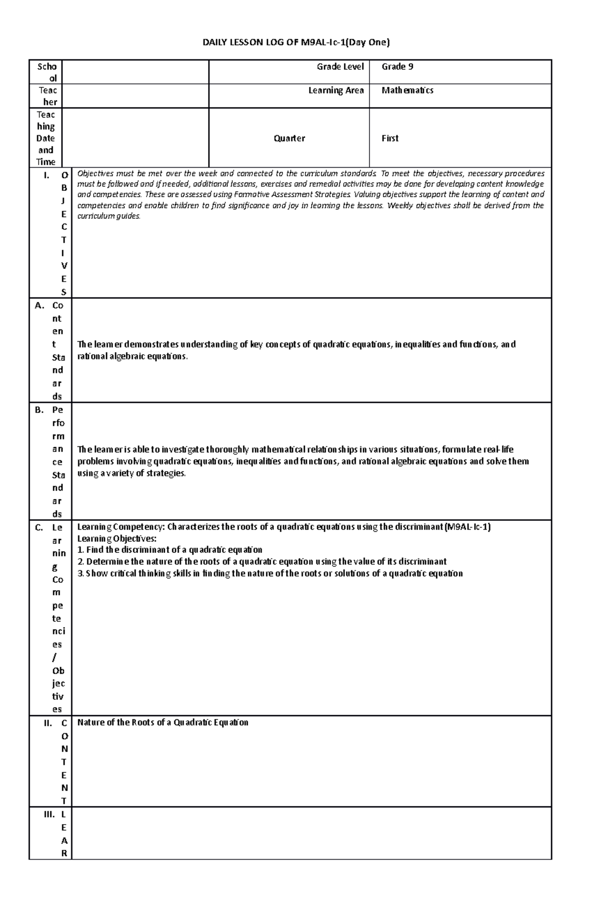 I-Day 7 g9 - Lesson Plan - DAILY LESSON LOG OF M9AL-Ic-1(Day One) Scho ...