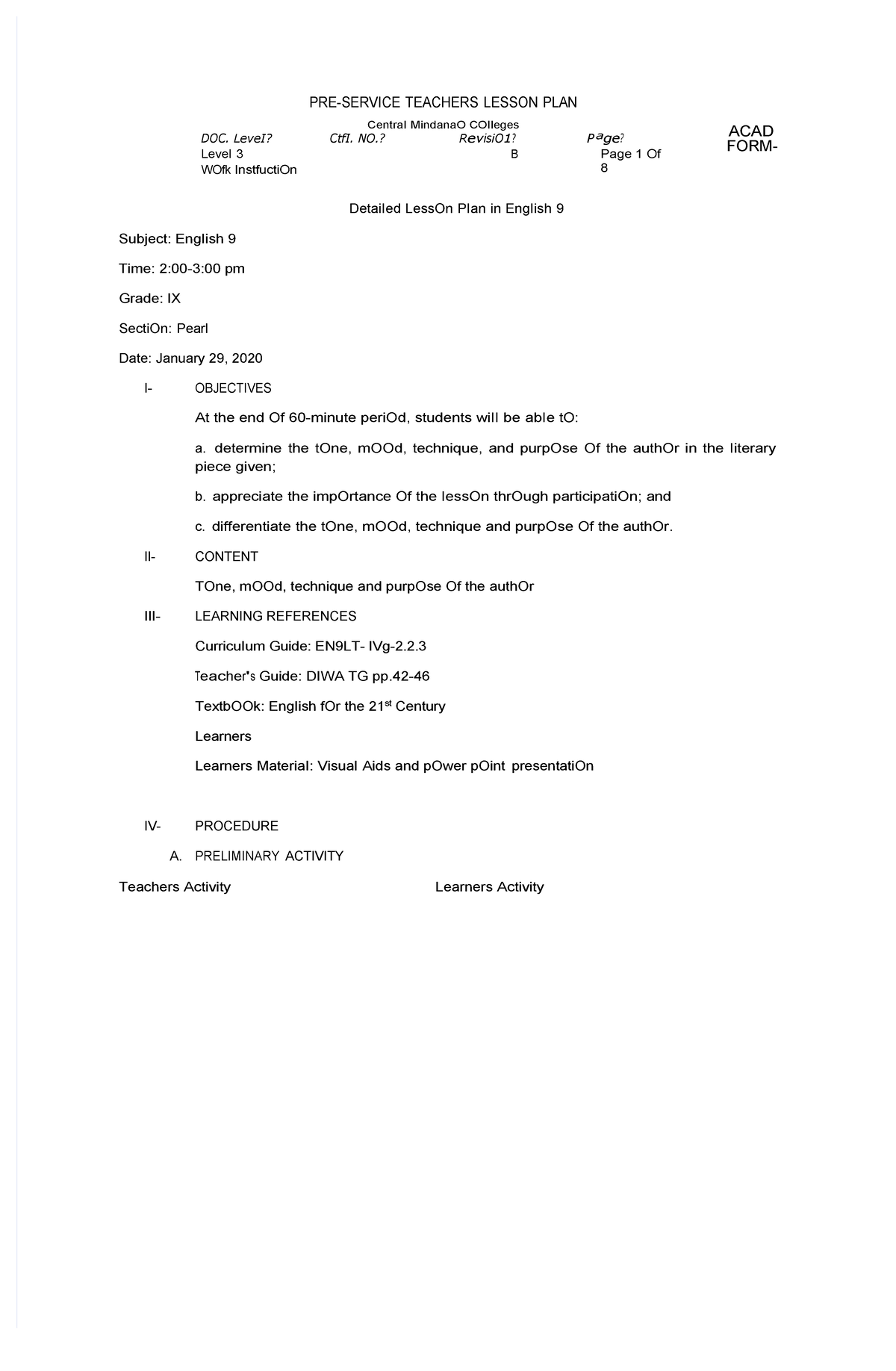 Detailed Lesson Plan for English 9: Tone, Mood, Technique & Purpose ...