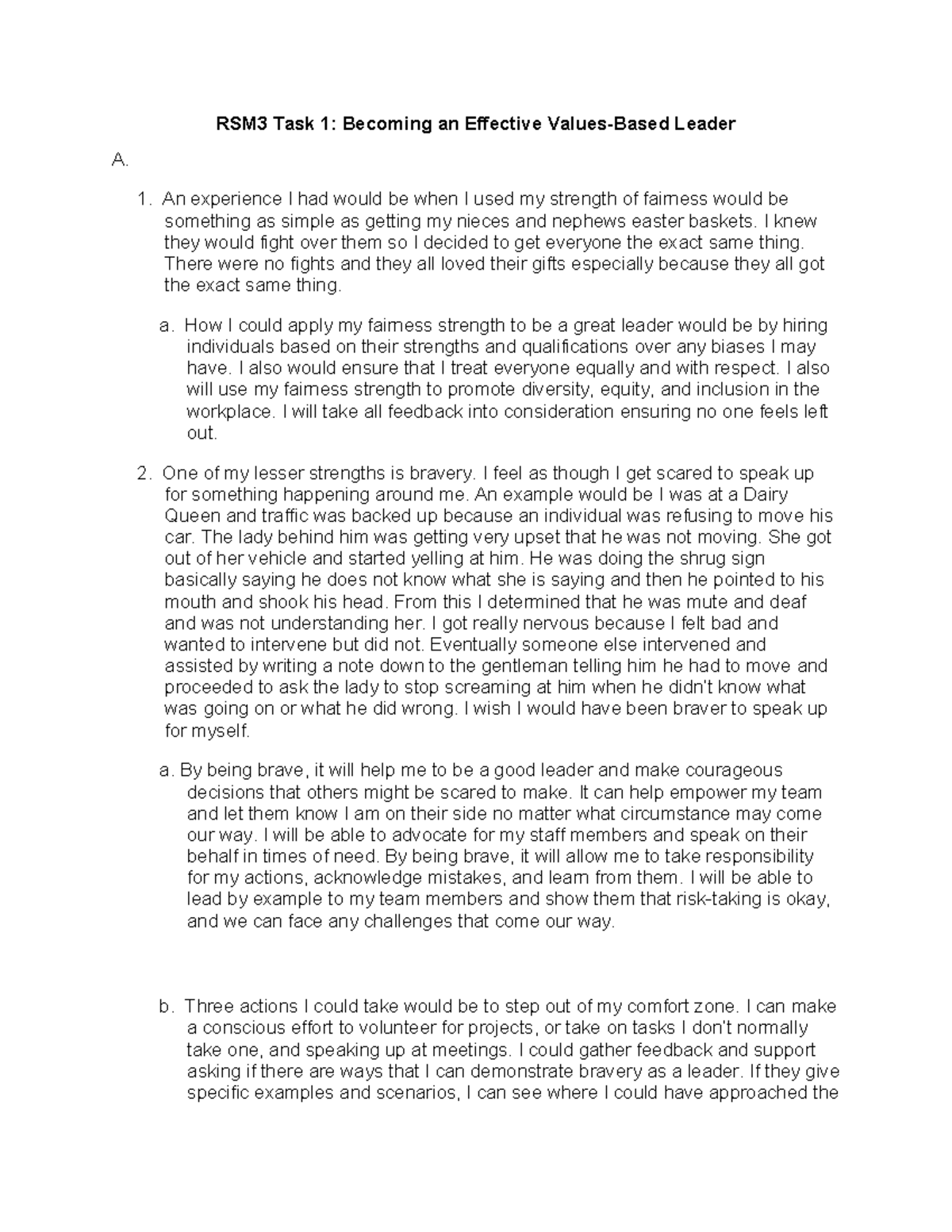 RSM3 Task 1 - Developing Effective Values-Based Leadership Skills - Studocu