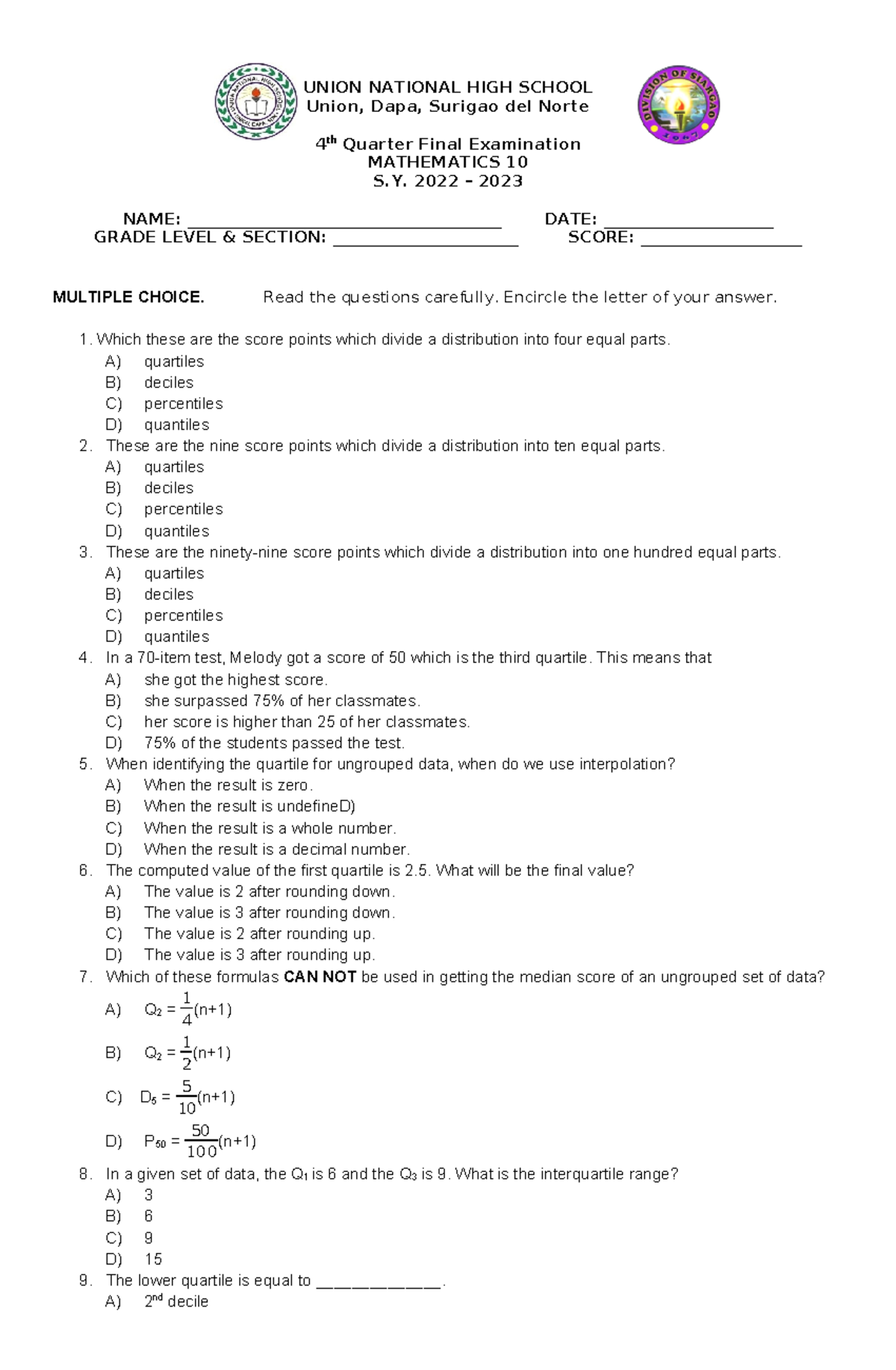 MATH 4TH Quarter EXAM - UNION NATIONAL HIGH SCHOOL Union, Dapa, Surigao ...