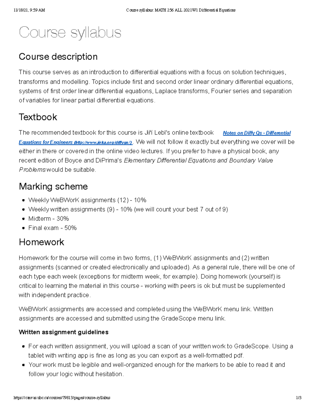 MATH256 101 Differential Equations Course Syllabus - 2021W1 - Studocu