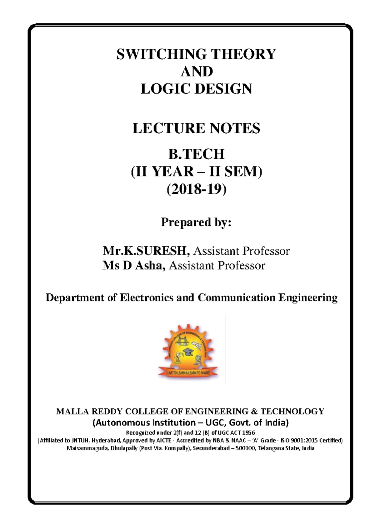 Switching Theory and Logic Design Lecture Notes B.Tech (II Year II Sem ...