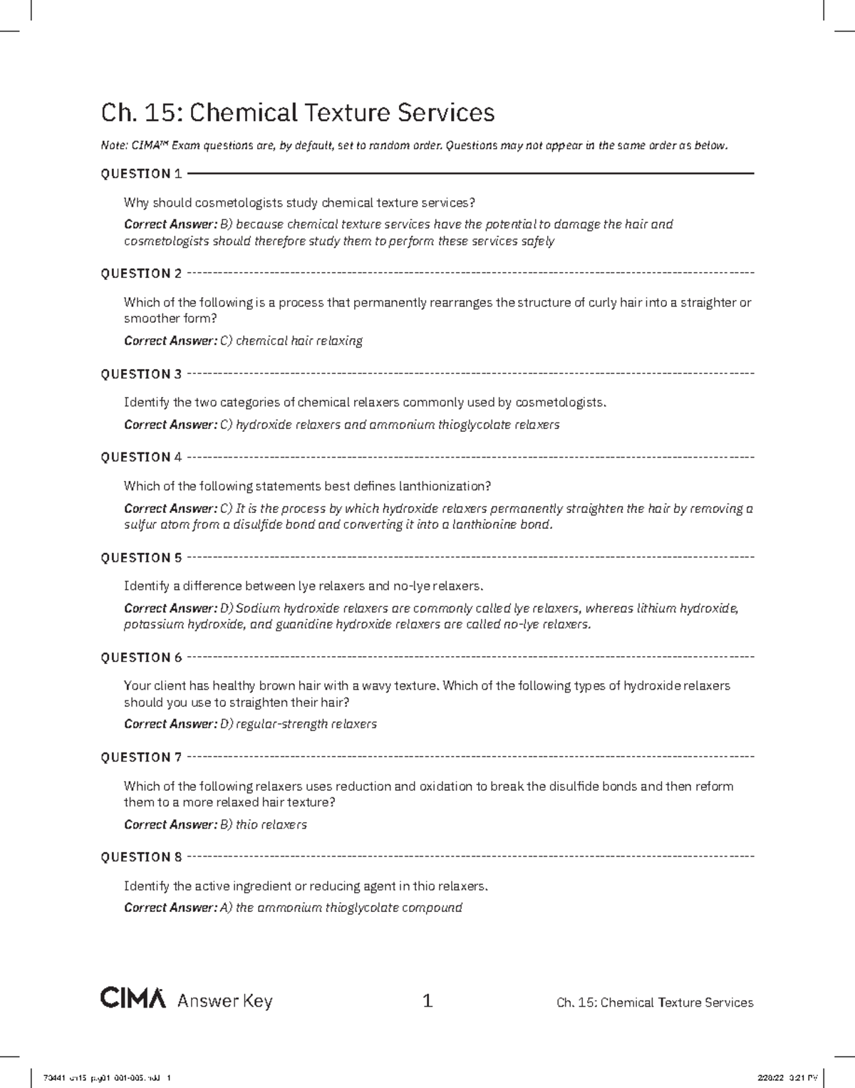 CIMATM Exam Answer Key for Ch. 15: Chemical Texture Services - Studocu