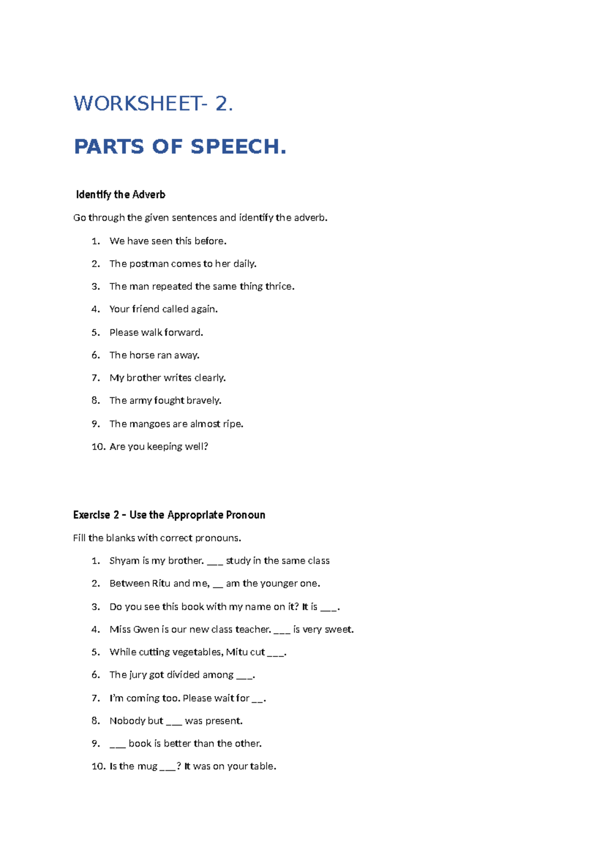 Parts of Speech Worksheet: Identifying Adverbs & Pronouns - Studocu