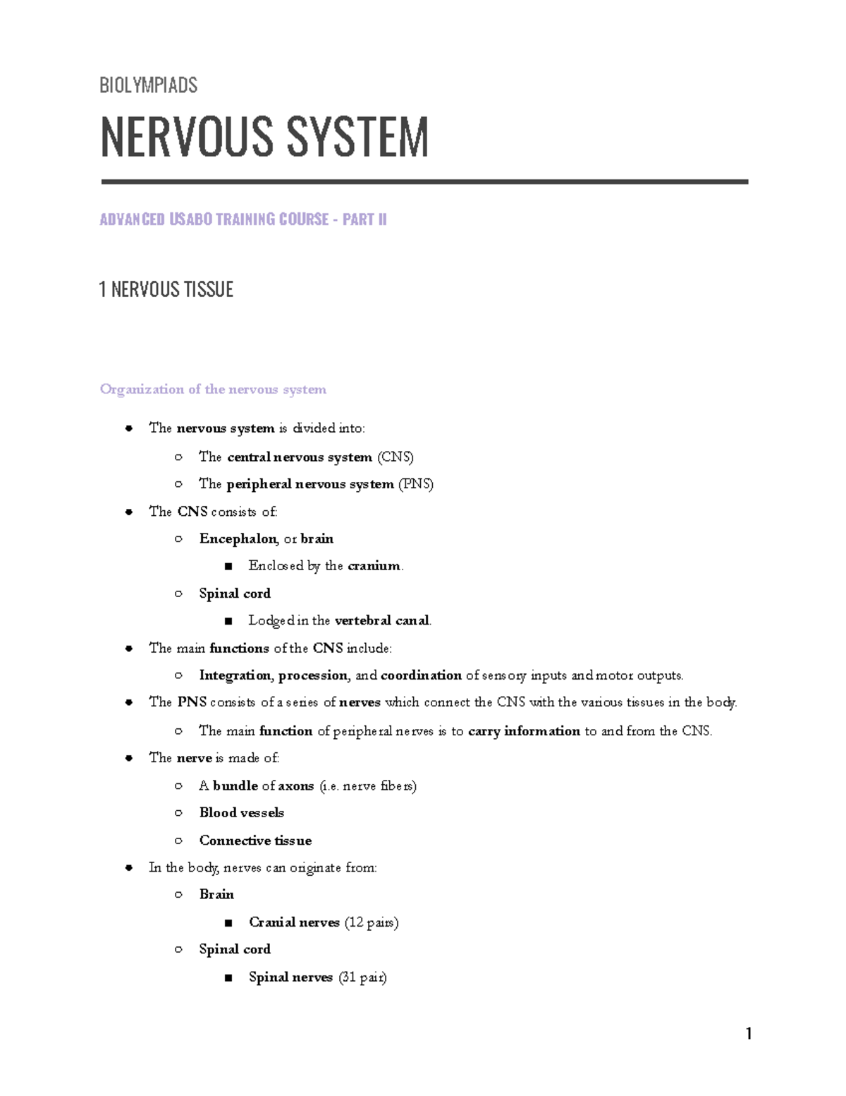 BIOLYMPIADS USABO NERVOUS SYSTEM ADVANCED TRAINING PART II - Studocu