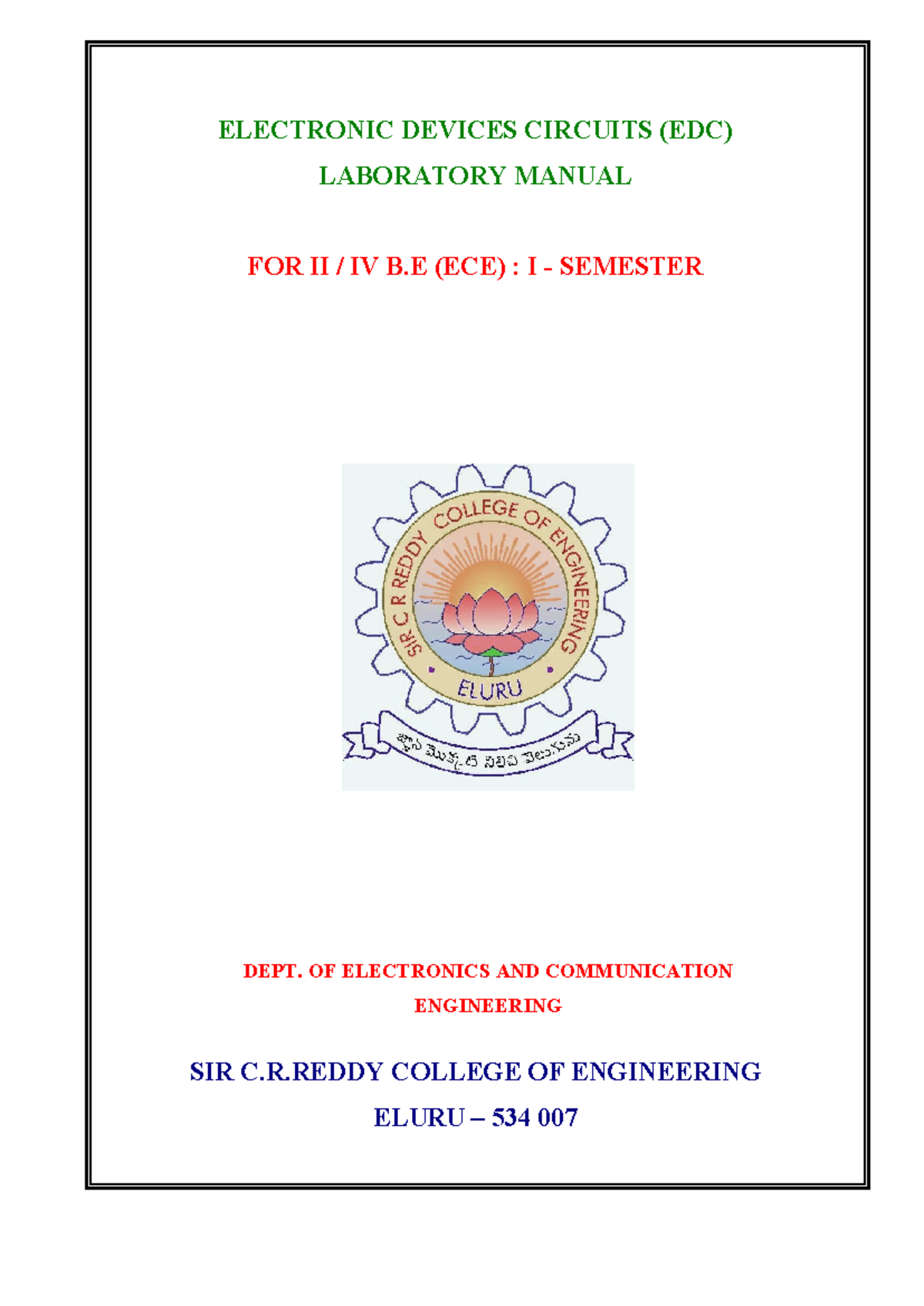 Electronic Devices Circuits (EDC) Lab Manual for II/IV B.E. (ECE) I Sem - Studocu