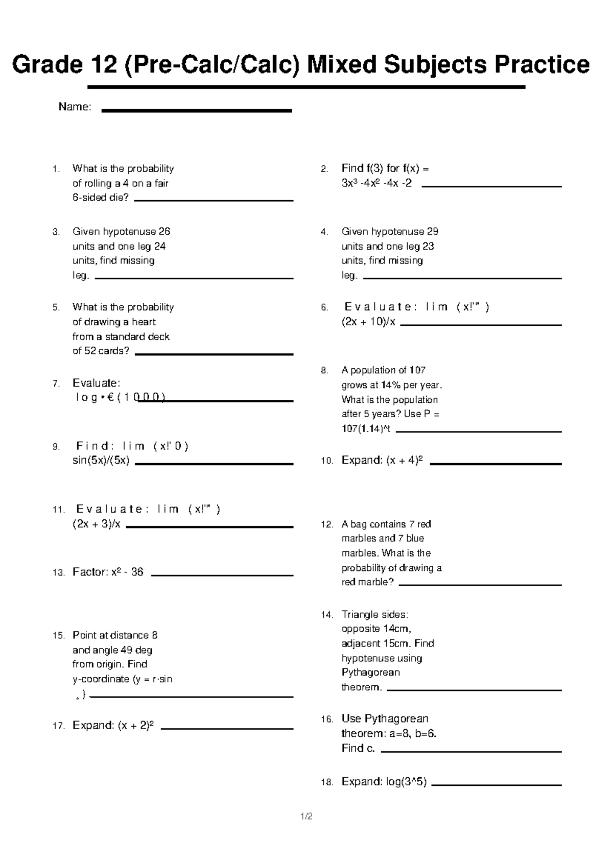 Grade 12 (Calc) Mixed Subjects Practice Problems - Studocu