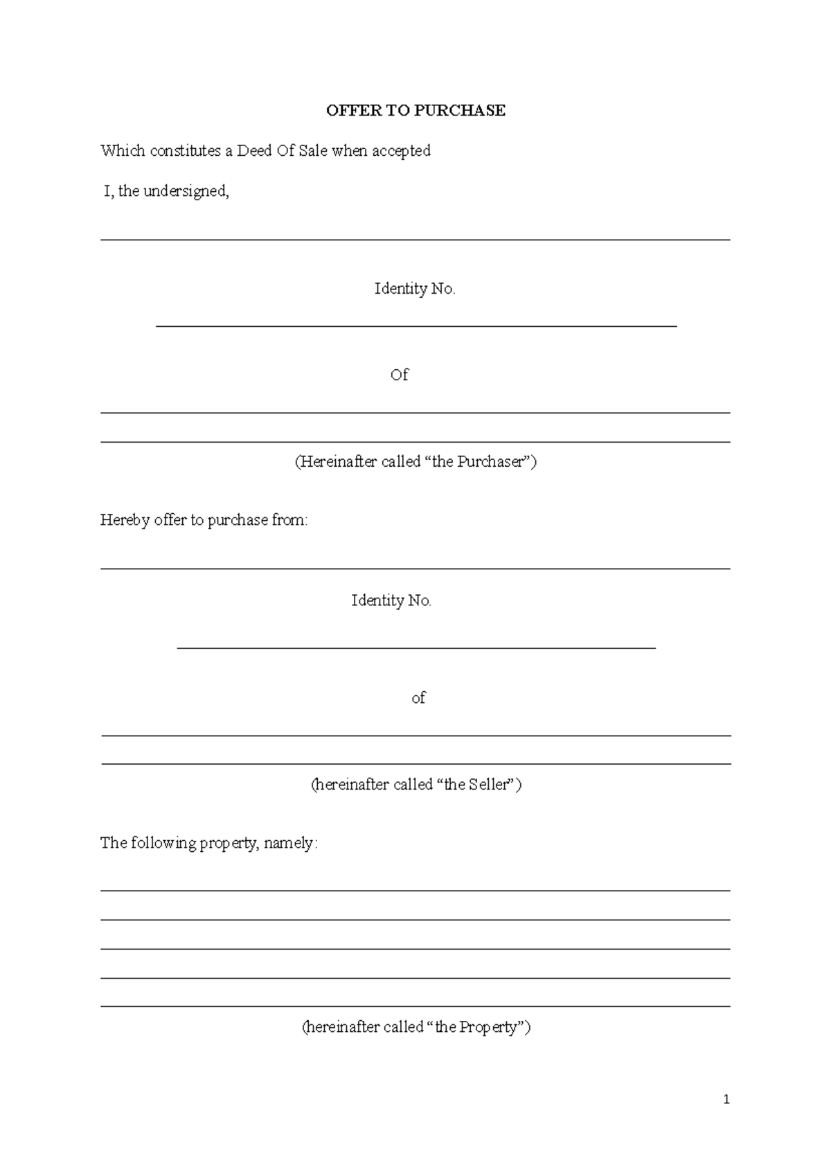 OFFER TO PURCHASE AGREEMENT - Standard Form Template - Studocu