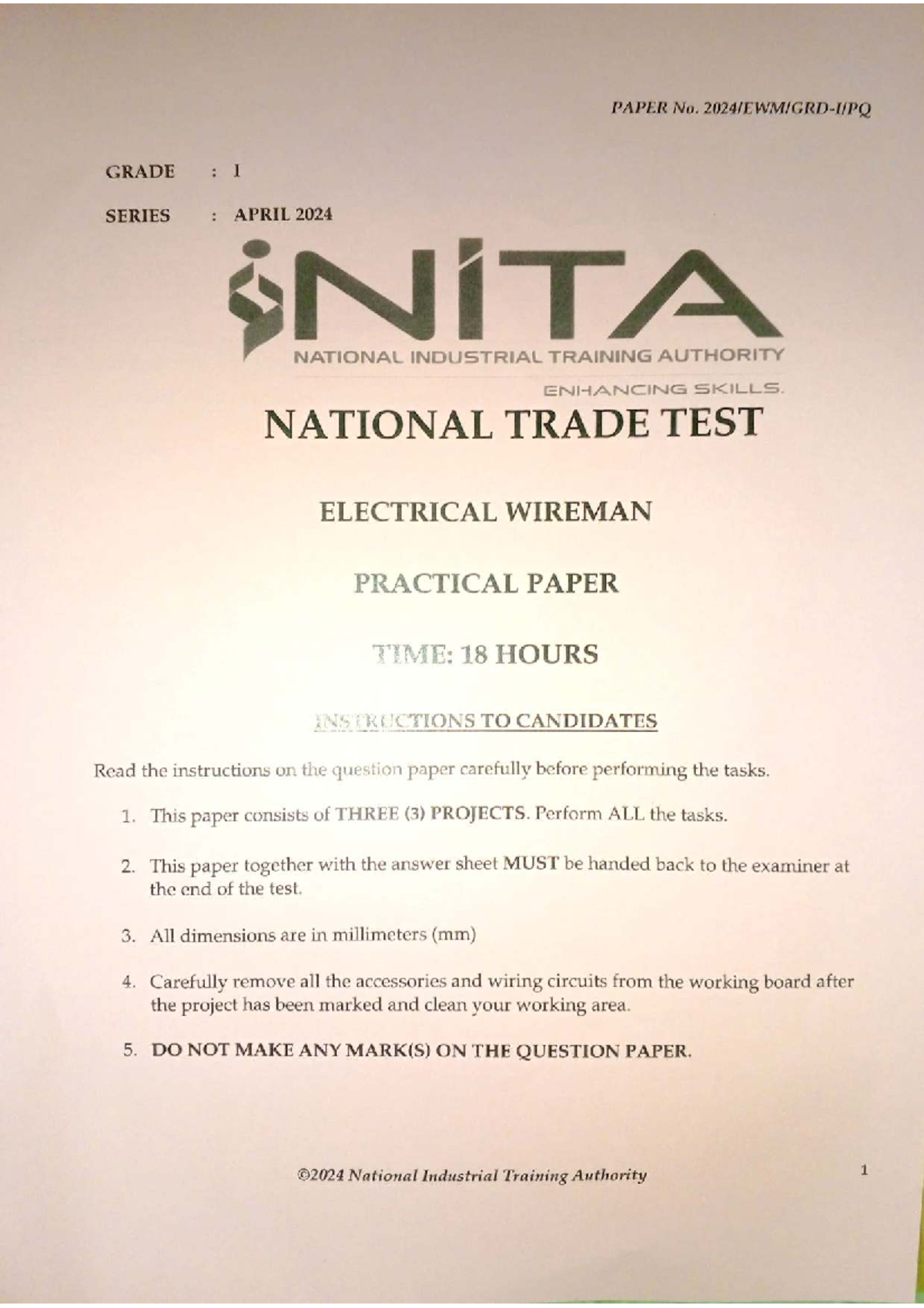 Electrical Wireman Grade I Practical Paper - April 2024 - Studocu