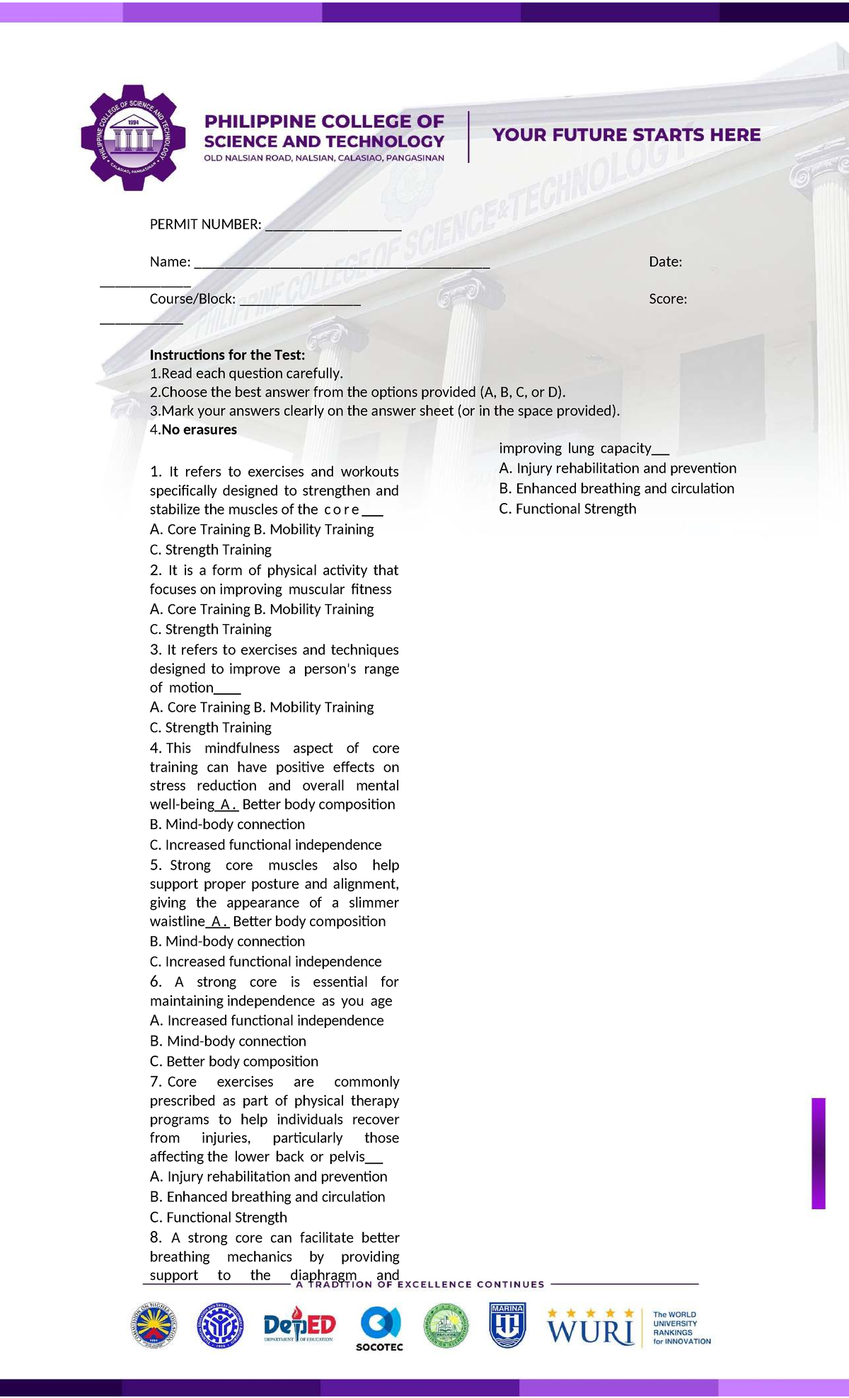 Core Training and Strength Training Test Instructions (PE 101) - Studocu