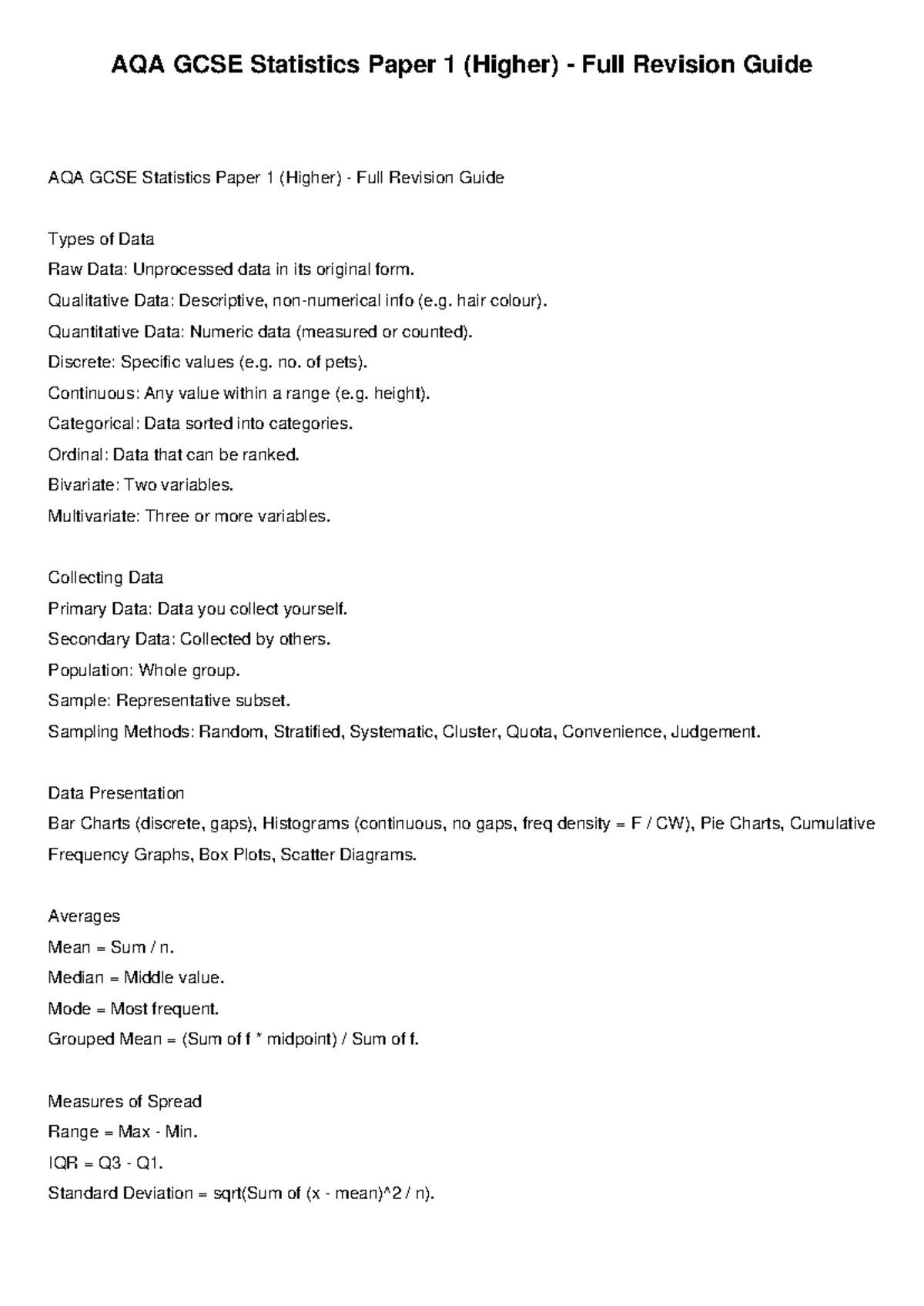 AQA GCSE Statistics Paper 1 Complete Revision Guide - Studocu