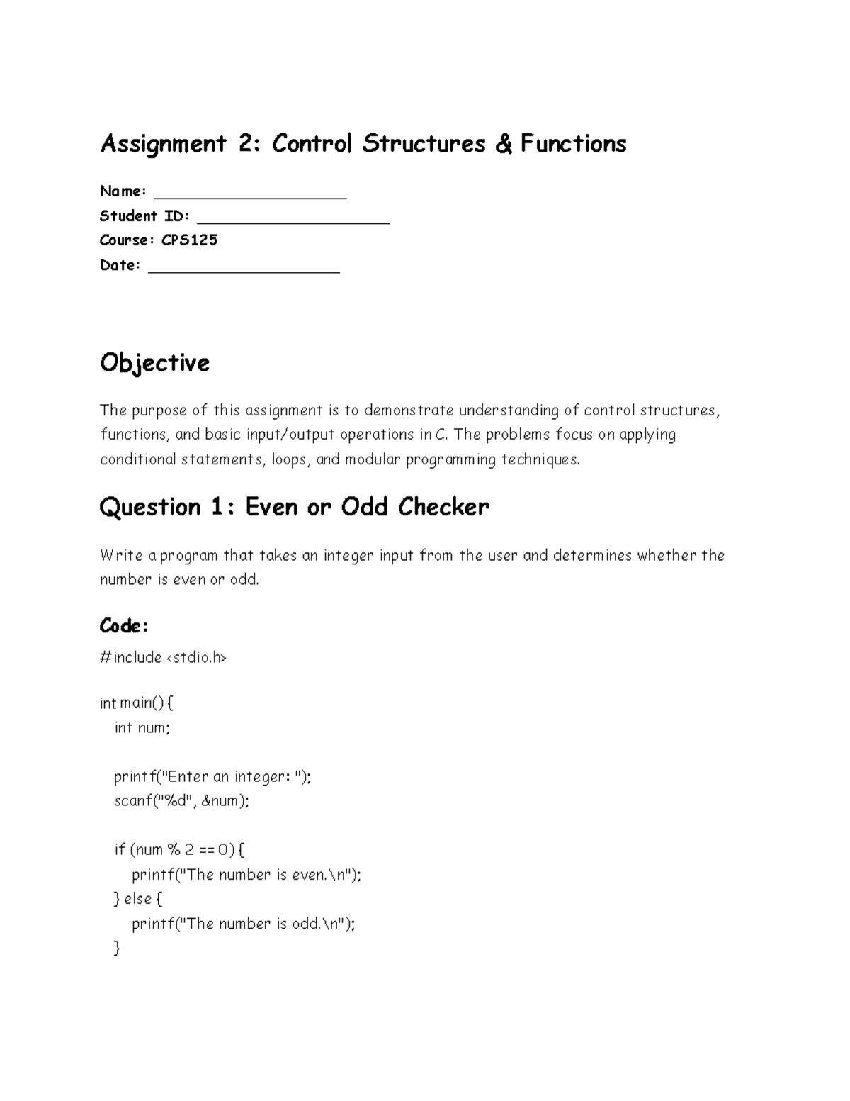 CPS125 Assignment 2: Control Structures & Functions Overview - Studocu