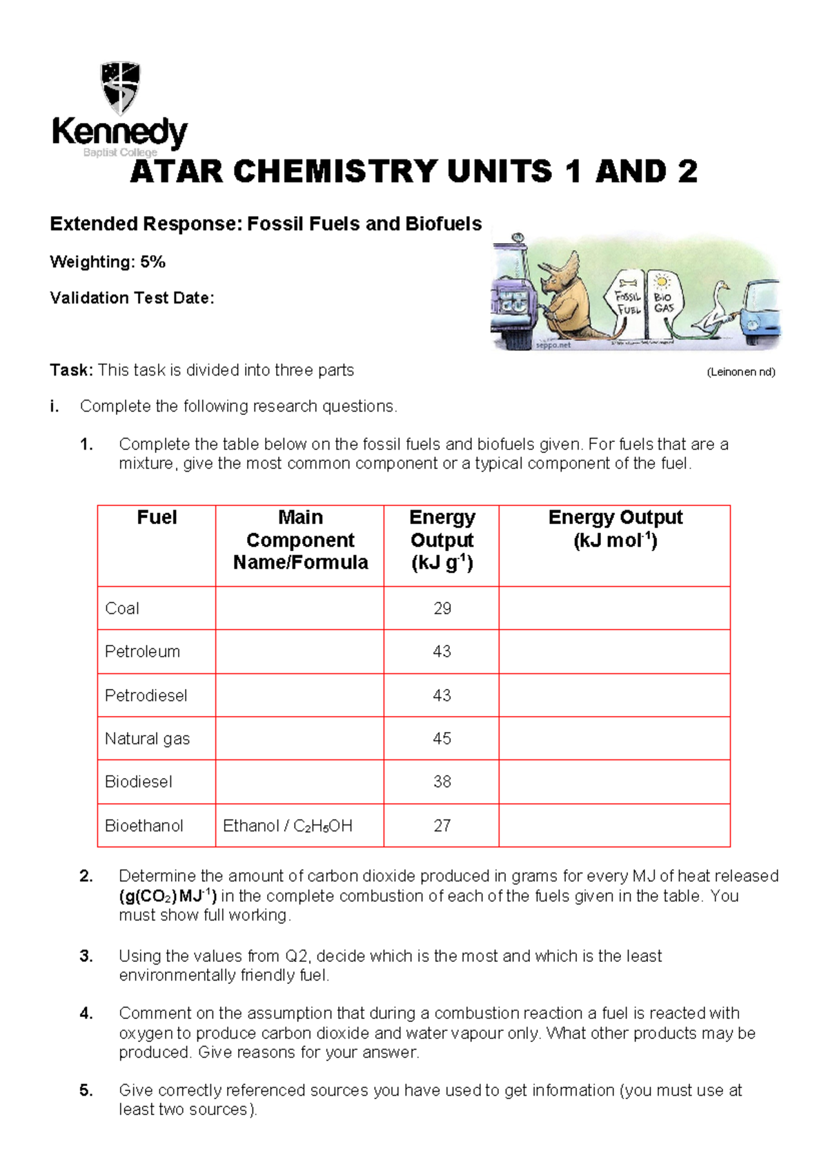 ATAR CHEMISTRY UNITS 1 AND 2 Test 3: Extended Response on Fuels - Studocu