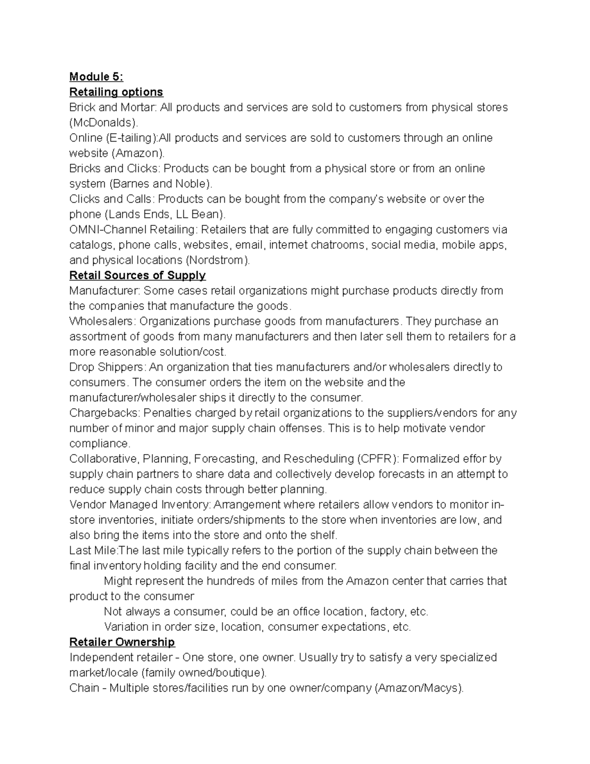 SCM 300 - Exam 3 Study Guide: Retailing and Supply Chain Concepts - Studocu