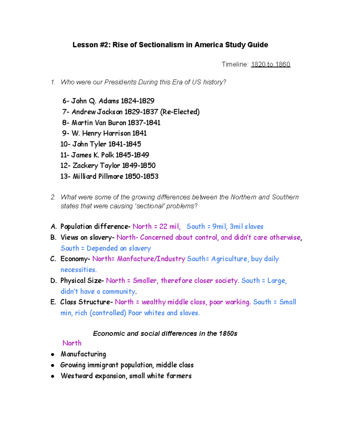 Lesson #2: Understanding the Rise of Sectionalism in America Study ...