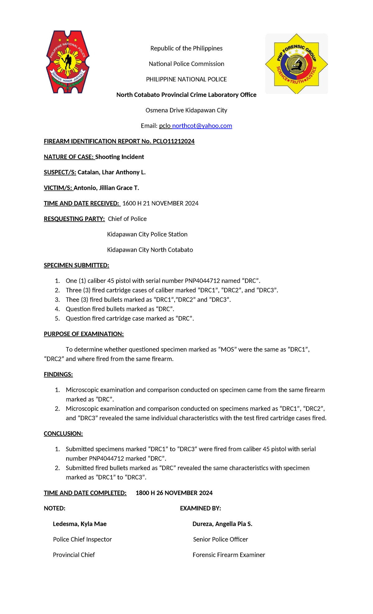Firearm Identification Report No. PCLO11212024 - Shooting Incident ...