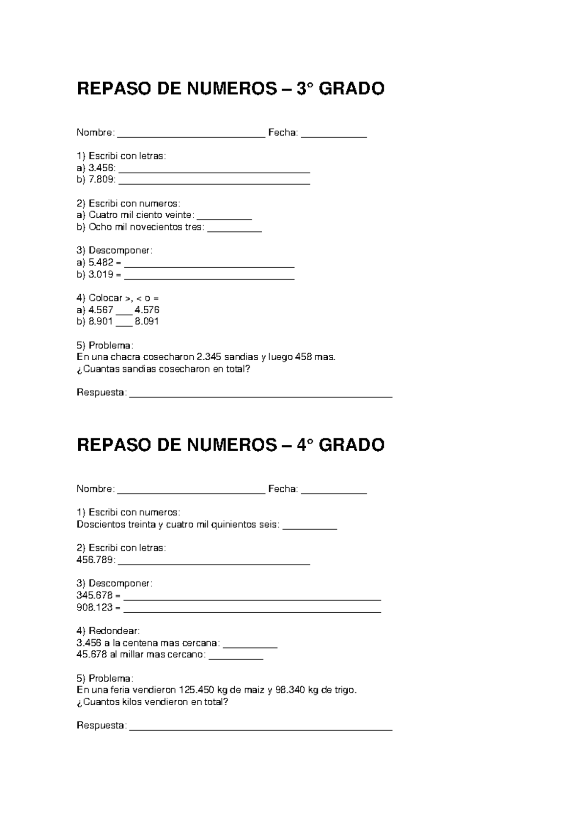 Repaso de Números para 3° y 4° Grado - Studocu
