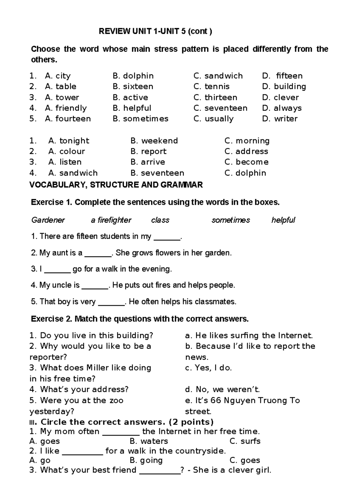 REVIEW UNIT 5: Vocabulary, Structure, and Grammar Exercises - Studocu
