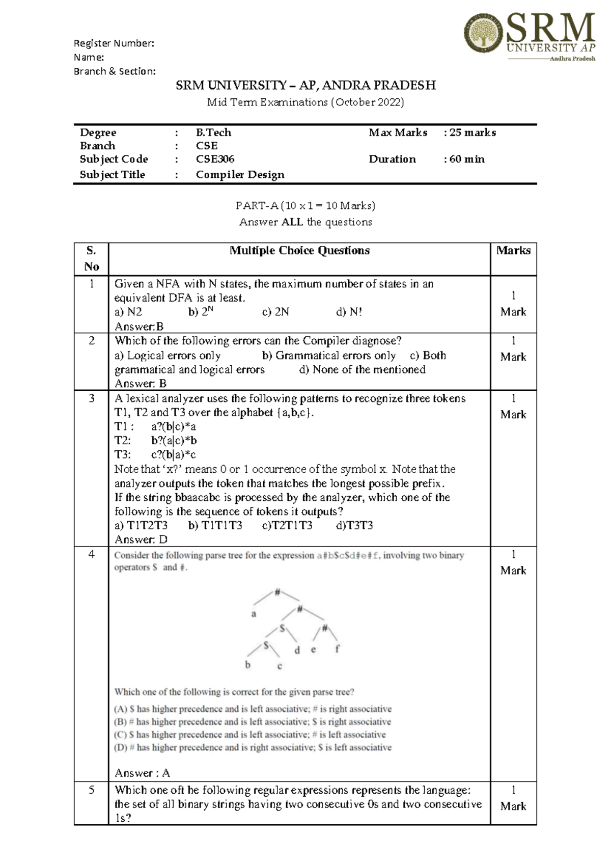 Mid Term Exam Questions CSE306: Compiler Design Template - Studocu