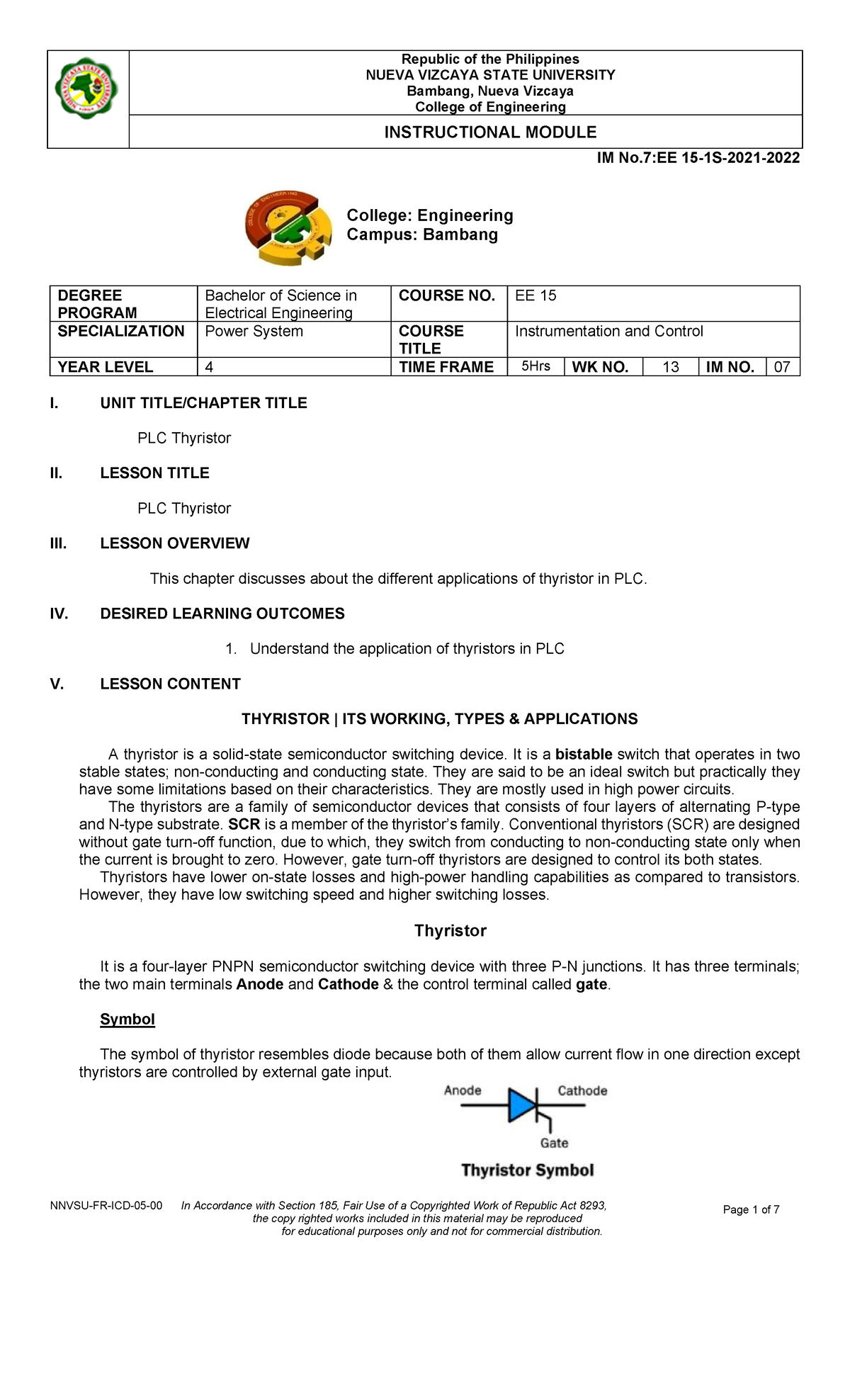 Instru - MOD7 - NUEVA VIZCAYA STATE UNIVERSITY Bambang, Nueva Vizcaya ...