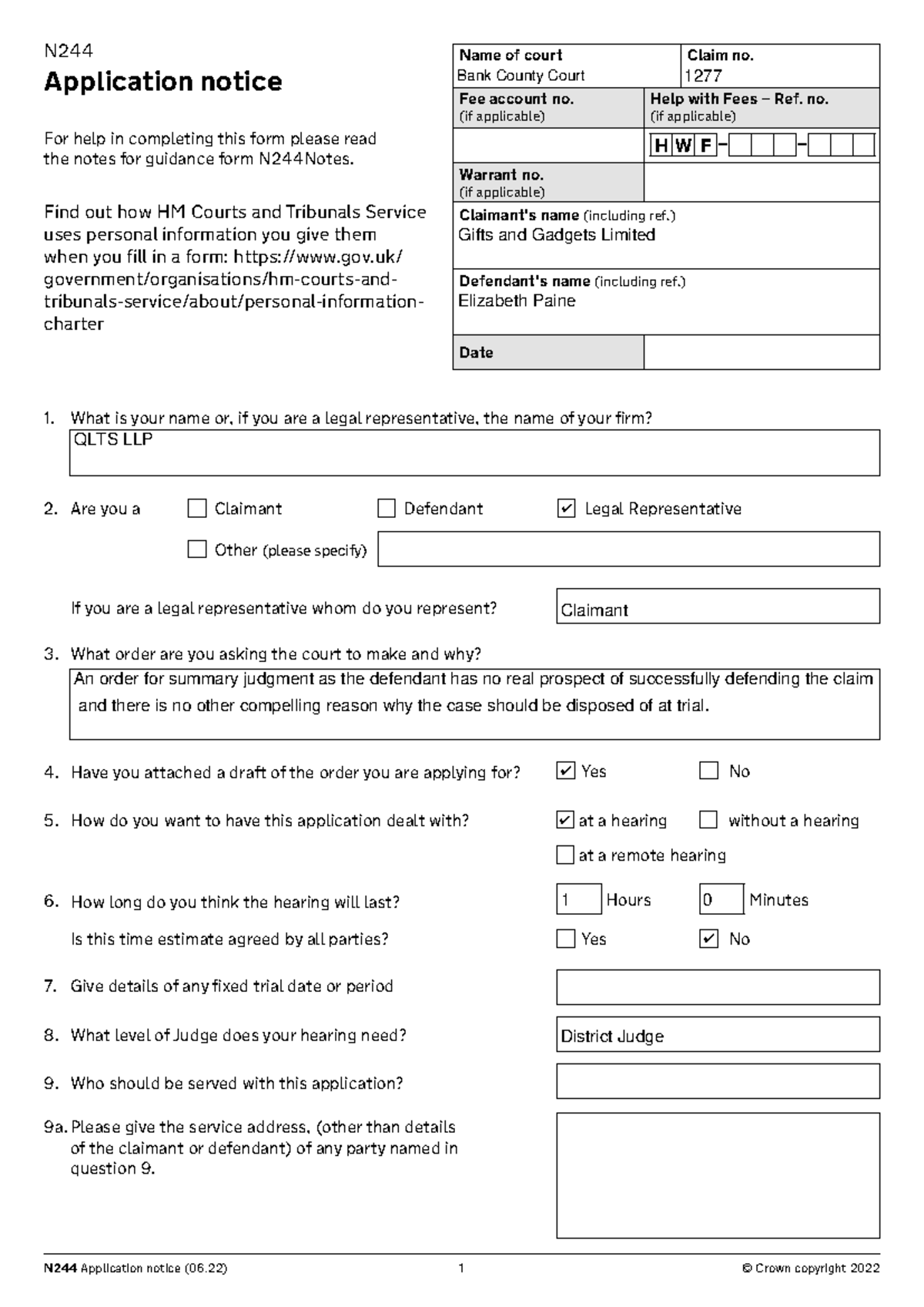 N244 Application Notice for Summary Judgment Request - Studocu