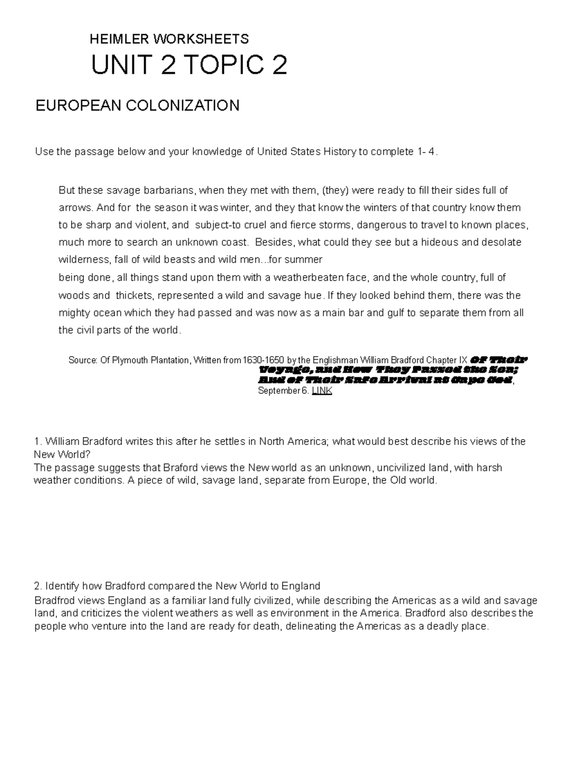 APUSH Unit 2 Topic 2 Worksheet: European Colonization Insights - Studocu