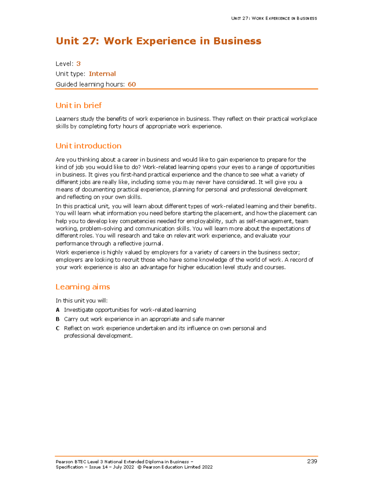 UNIT 27: Work Experience in Business - Level 3 Specification - Studocu
