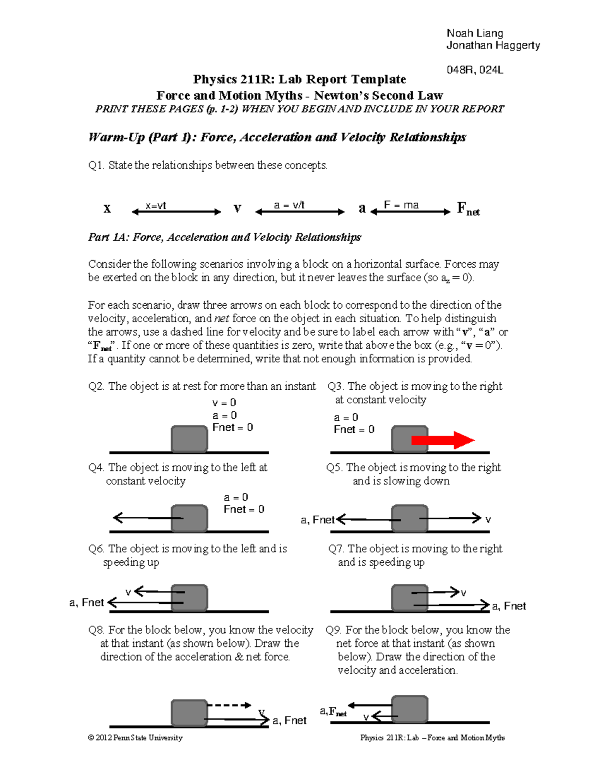 Lab03 Newtons Second Law Forces Capstone - Physics 211R: Lab Report Template Force and Motion ...