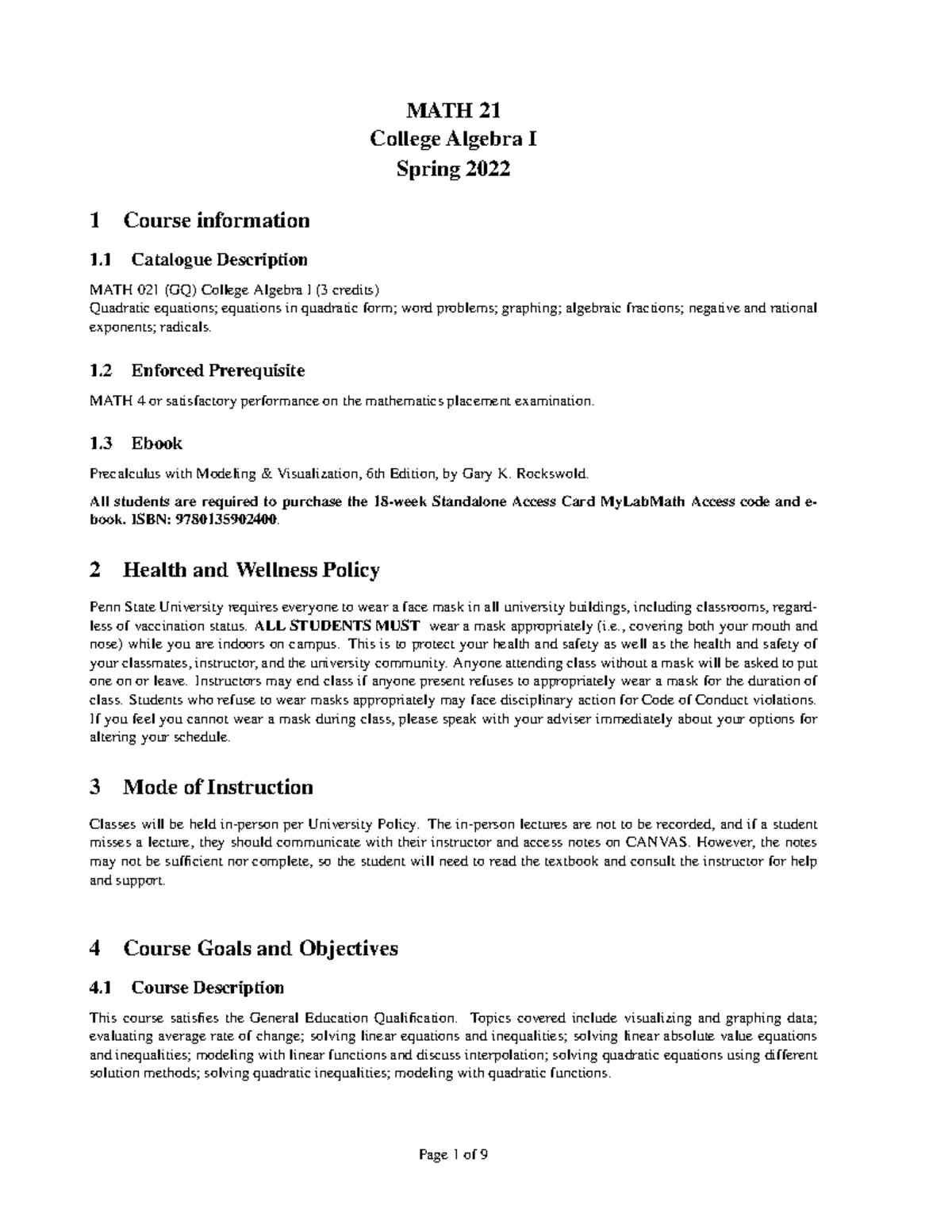 MATH 21: College Algebra I Syllabus - Spring 2022 Overview - Studocu