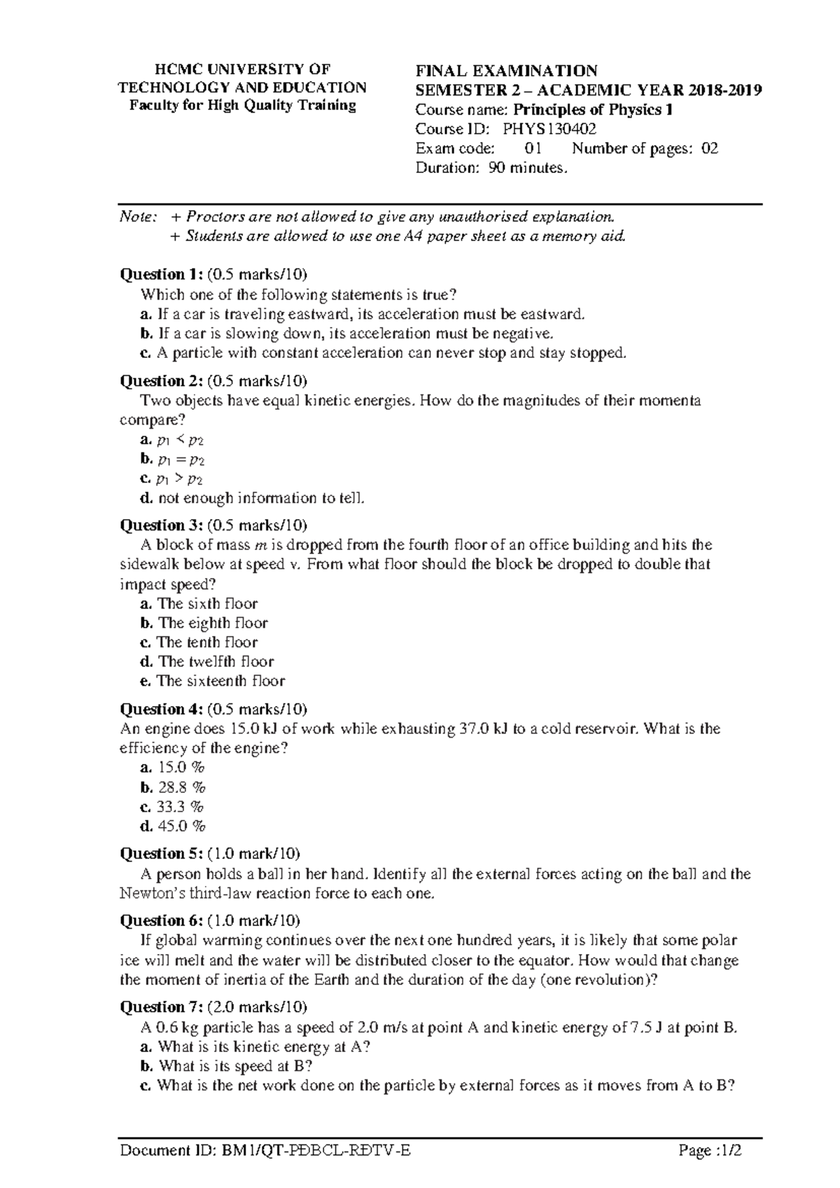 Final Exam PHYS130402: Principles of Physics 1 - Semester 2 - Studocu