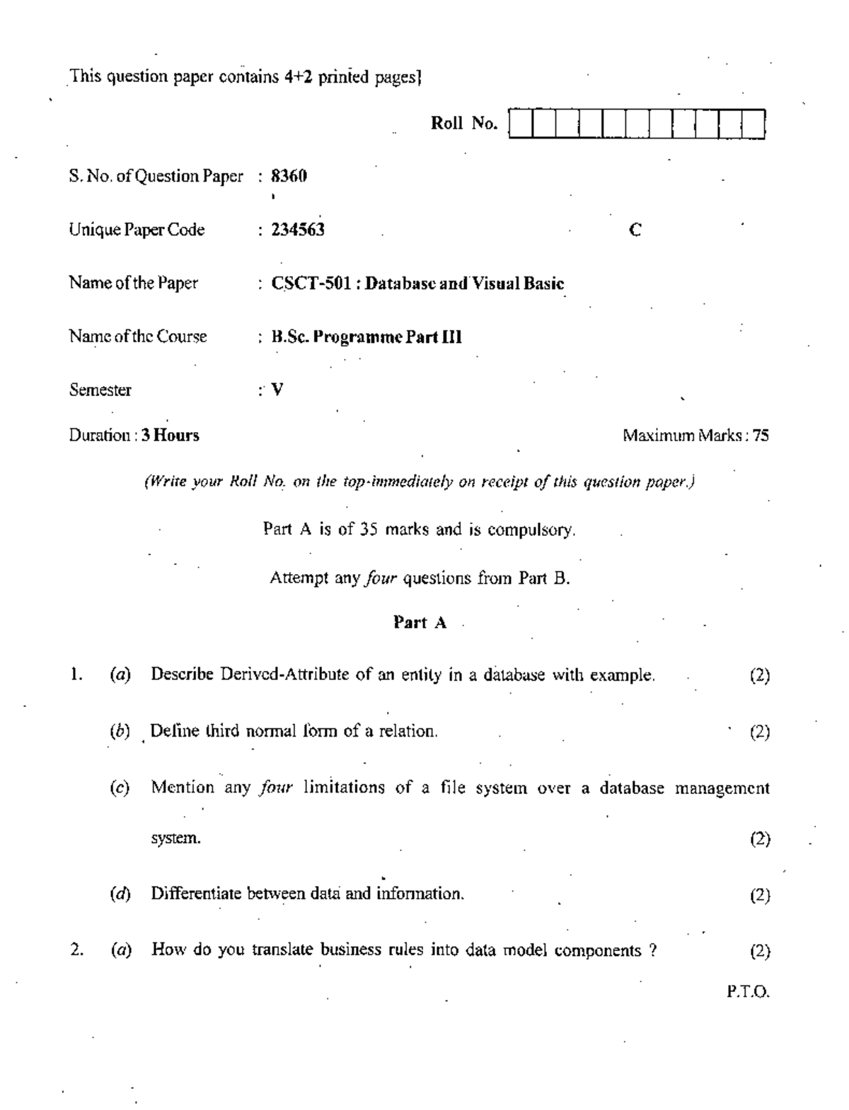 B.Sc. Prog Part V Final Exam: Database & Visual Basic QP 8360 - Studocu