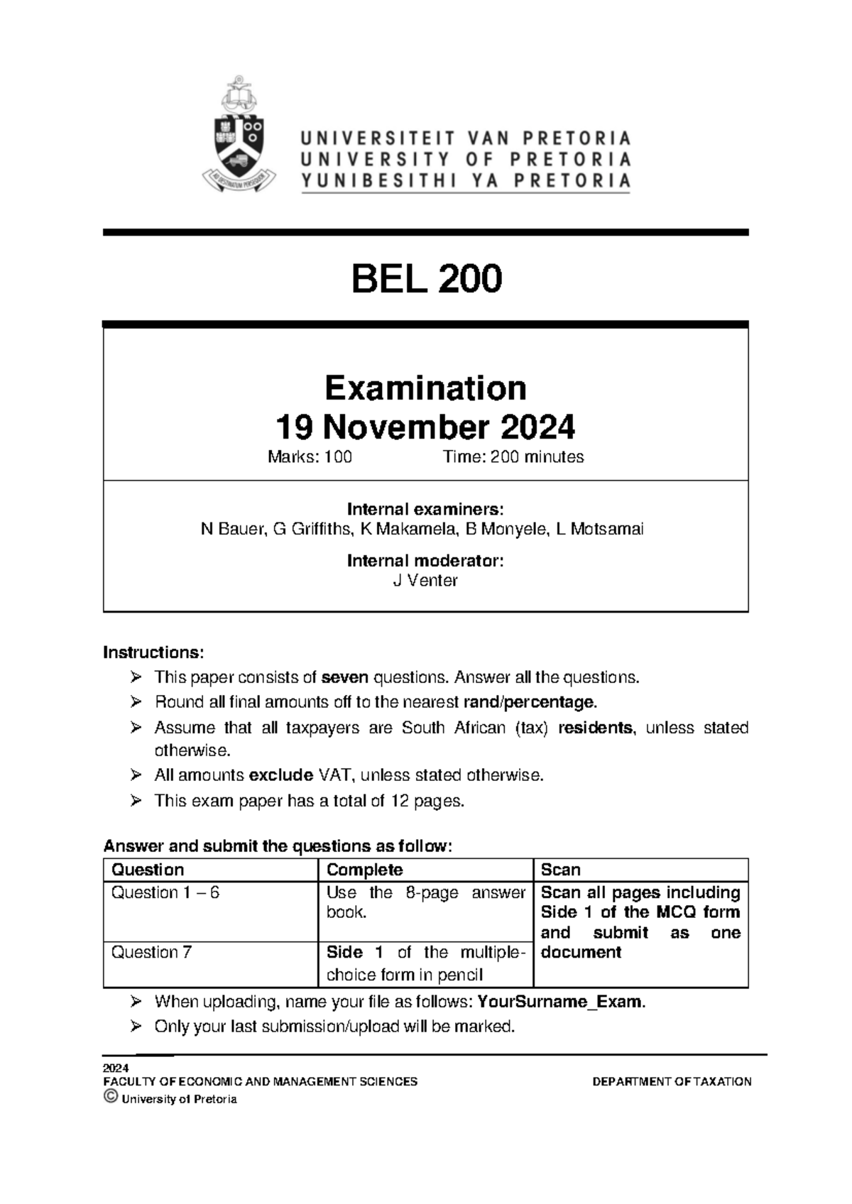 Final BEL 200 Exam 2024 - Comprehensive Question Paper and Guidelines ...