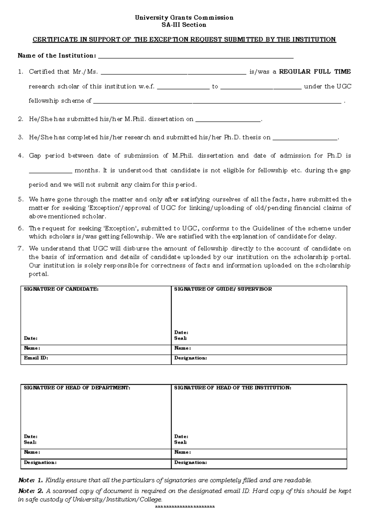 UGC Exception Fellowship Certificate - Institutional Support Request ...