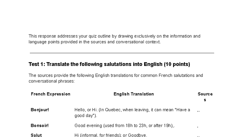 French 101: Quiz Notes on Salutations and Basic Expressions - Studocu