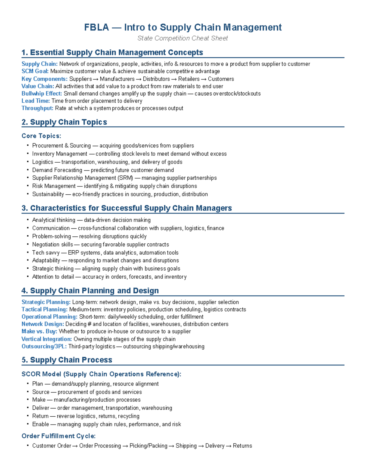 FBLA Supply Chain Management Competition Cheat Sheet - Studocu