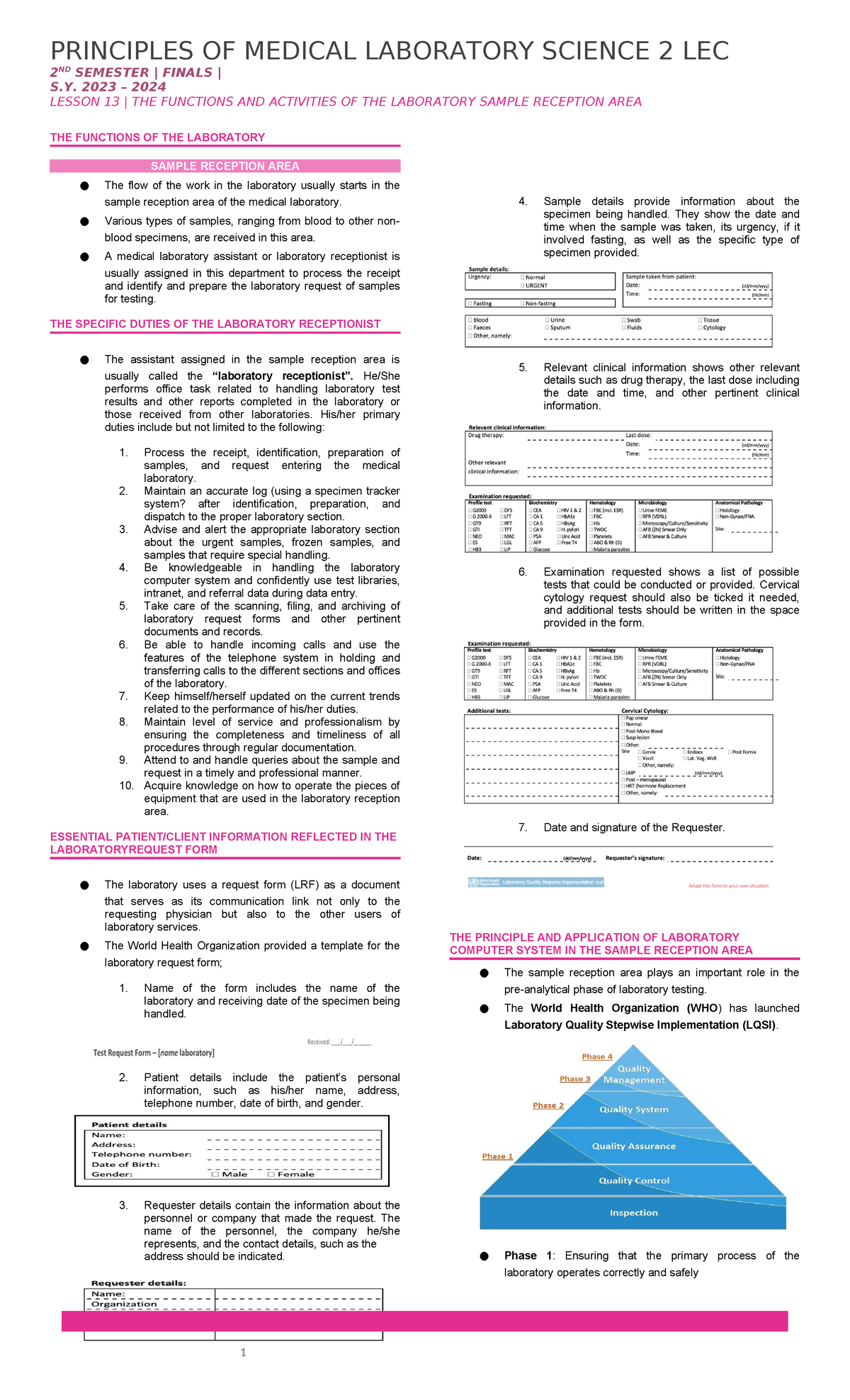 PMLS 2nd Sem Finals Lesson 13: Laboratory Sample Reception Functions - Studocu