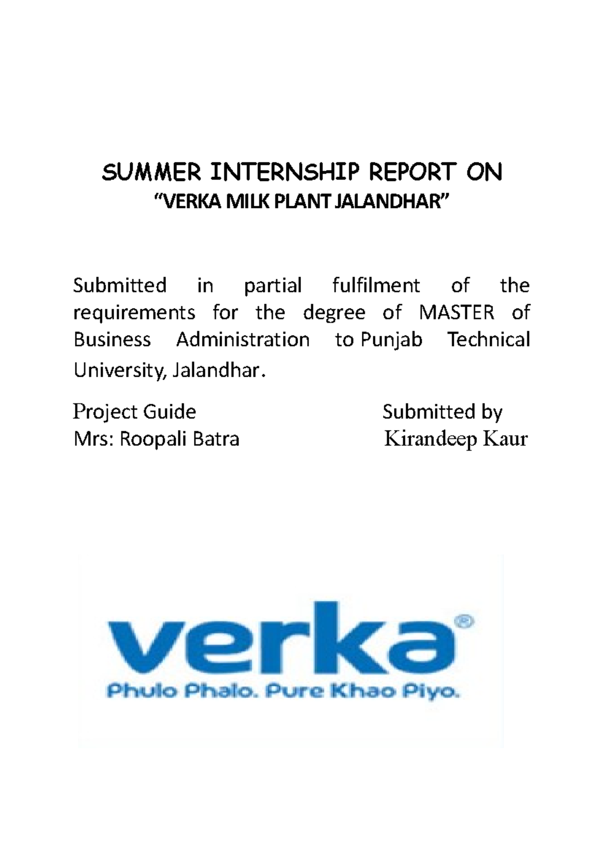 Summer Internship Report ON Verka MILK Plant Jalandhar - SUMMER ...