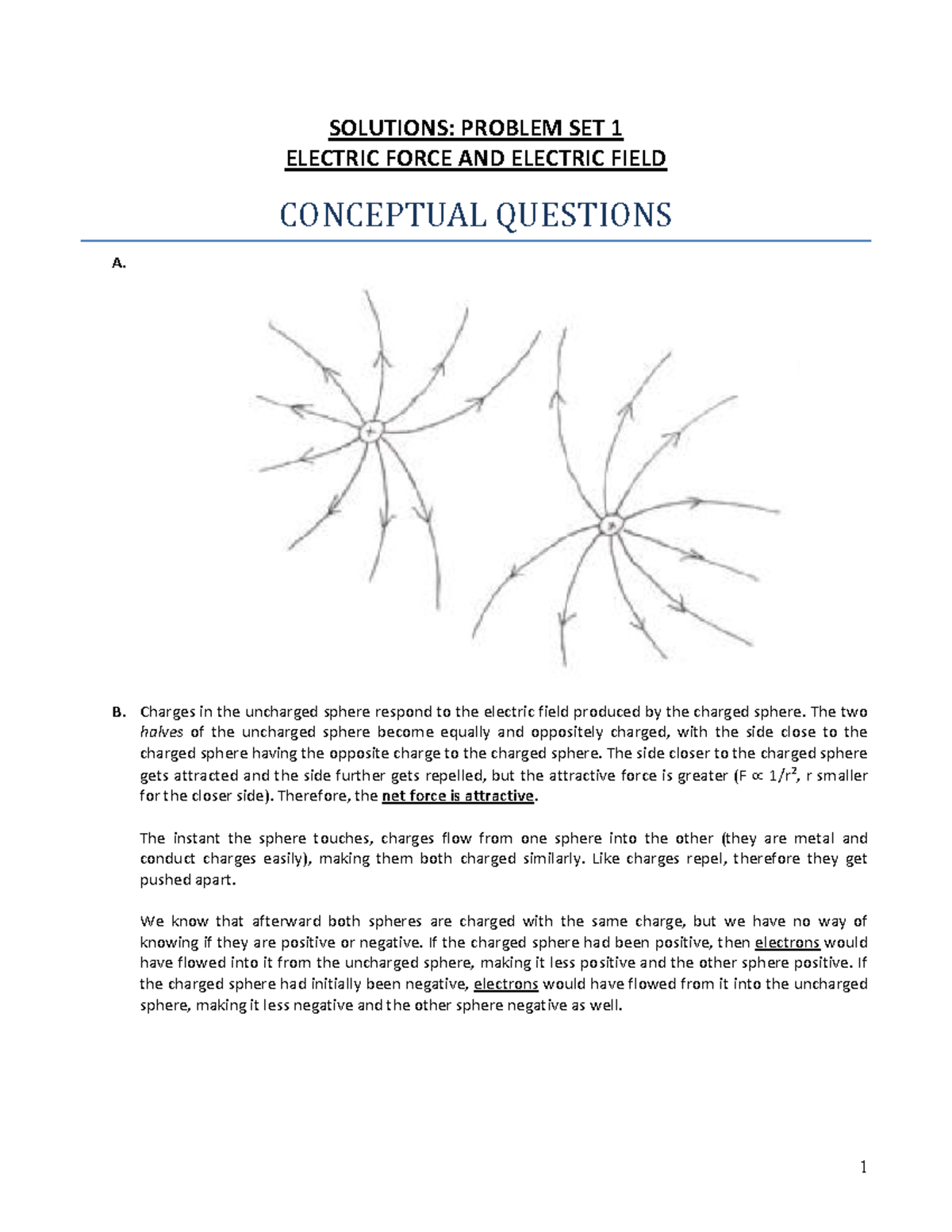 SOLUTIONS: PROBLEM SET 1 - ELECTRIC FORCE & FIELD CONCEPTS - Studocu