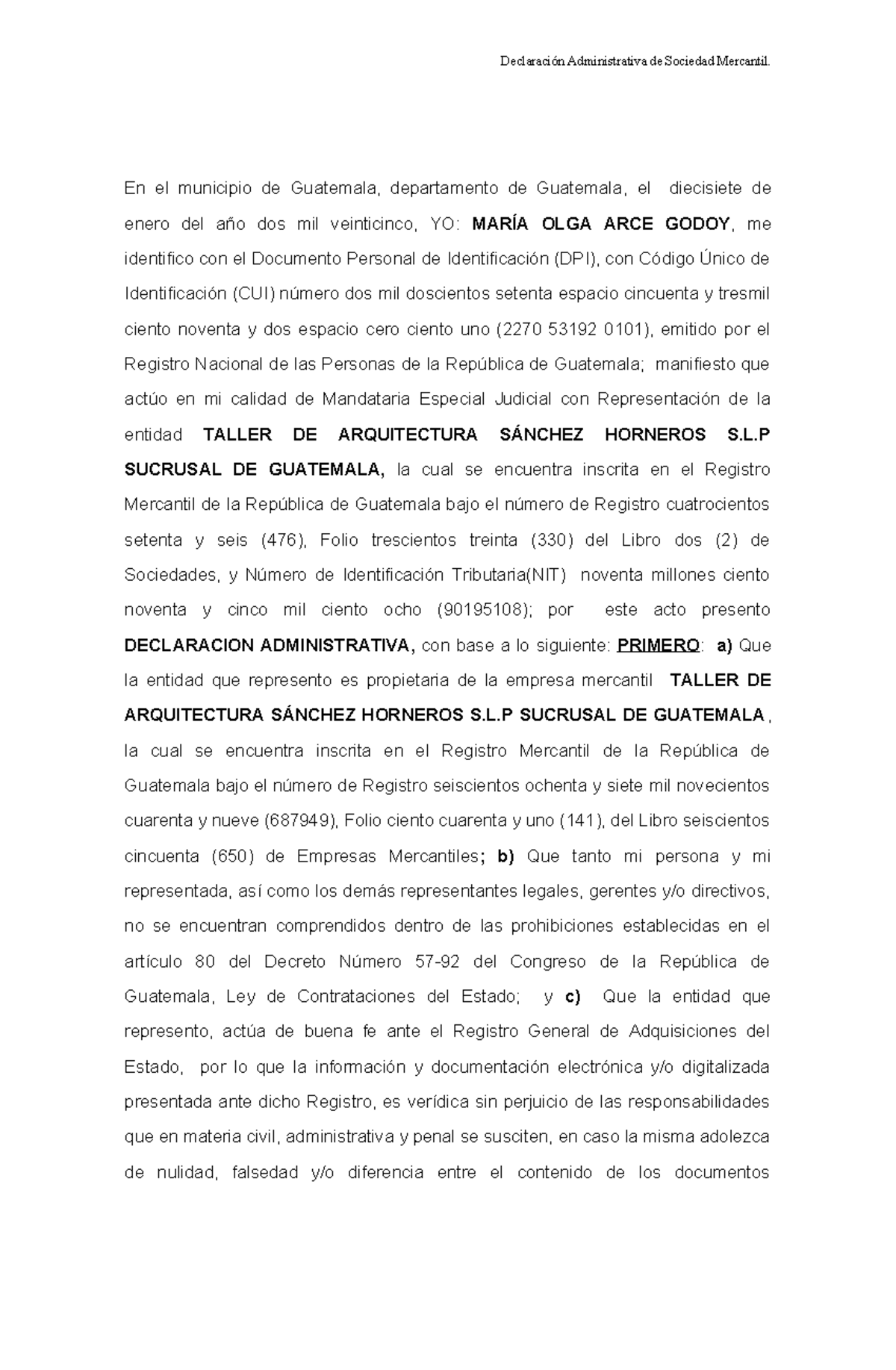 Declaración Administrativa Simple de Sociedad Mercantil (Guatemala ...