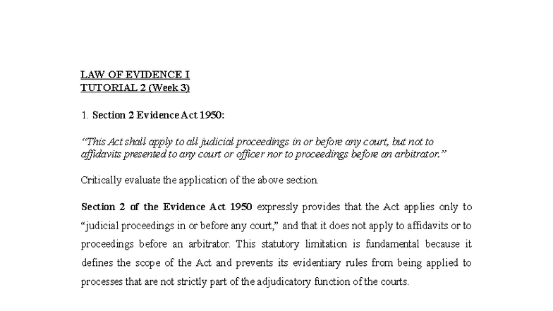 LAW OF EVIDENCE I TUTORIAL 2 (Week 3) - Critical Evaluations - Studocu